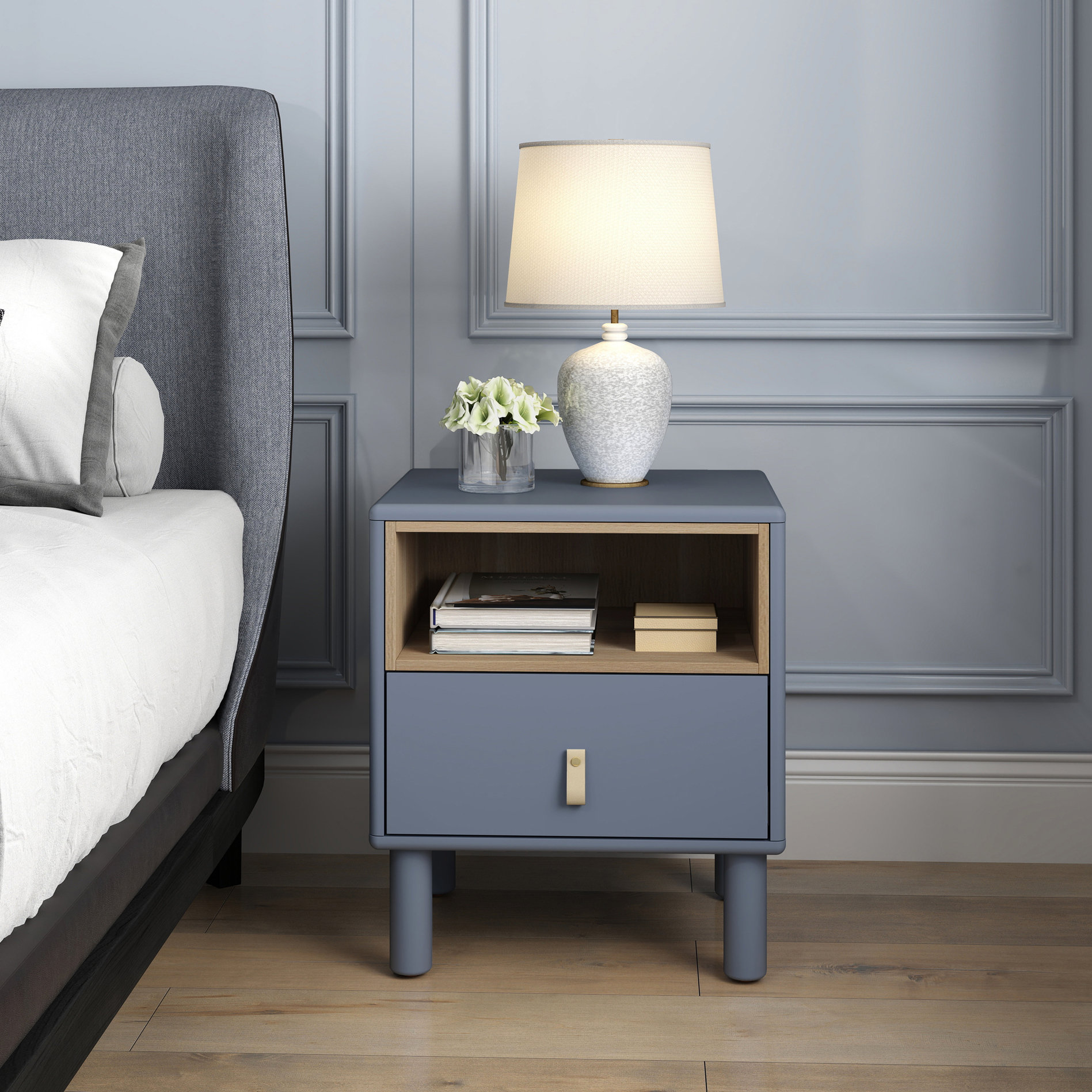 George Oliver Compact Bedside Table In Blue - Drawer And Shelf Storage ...