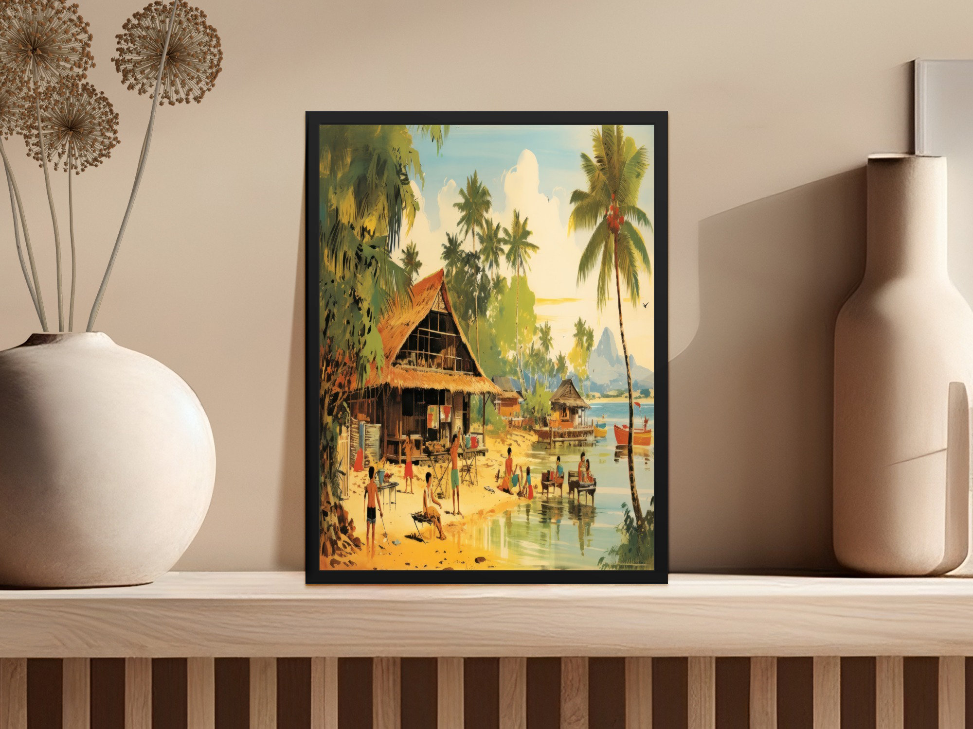 Lark Manor Beach Village Life with Palm Trees Art Landscape Framed Poster | Wayfair.co.uk