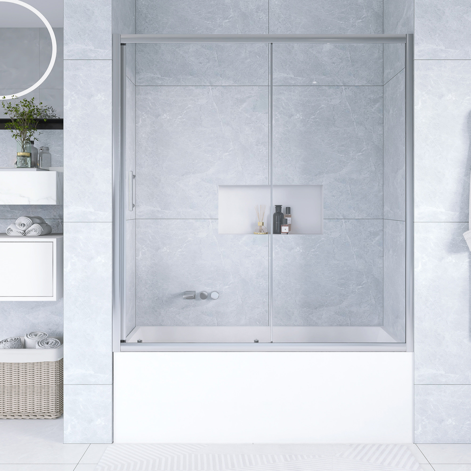 OVOSMY 60 In. W X 62 In. H Single Sliding Shower Door For Bathtub In ...