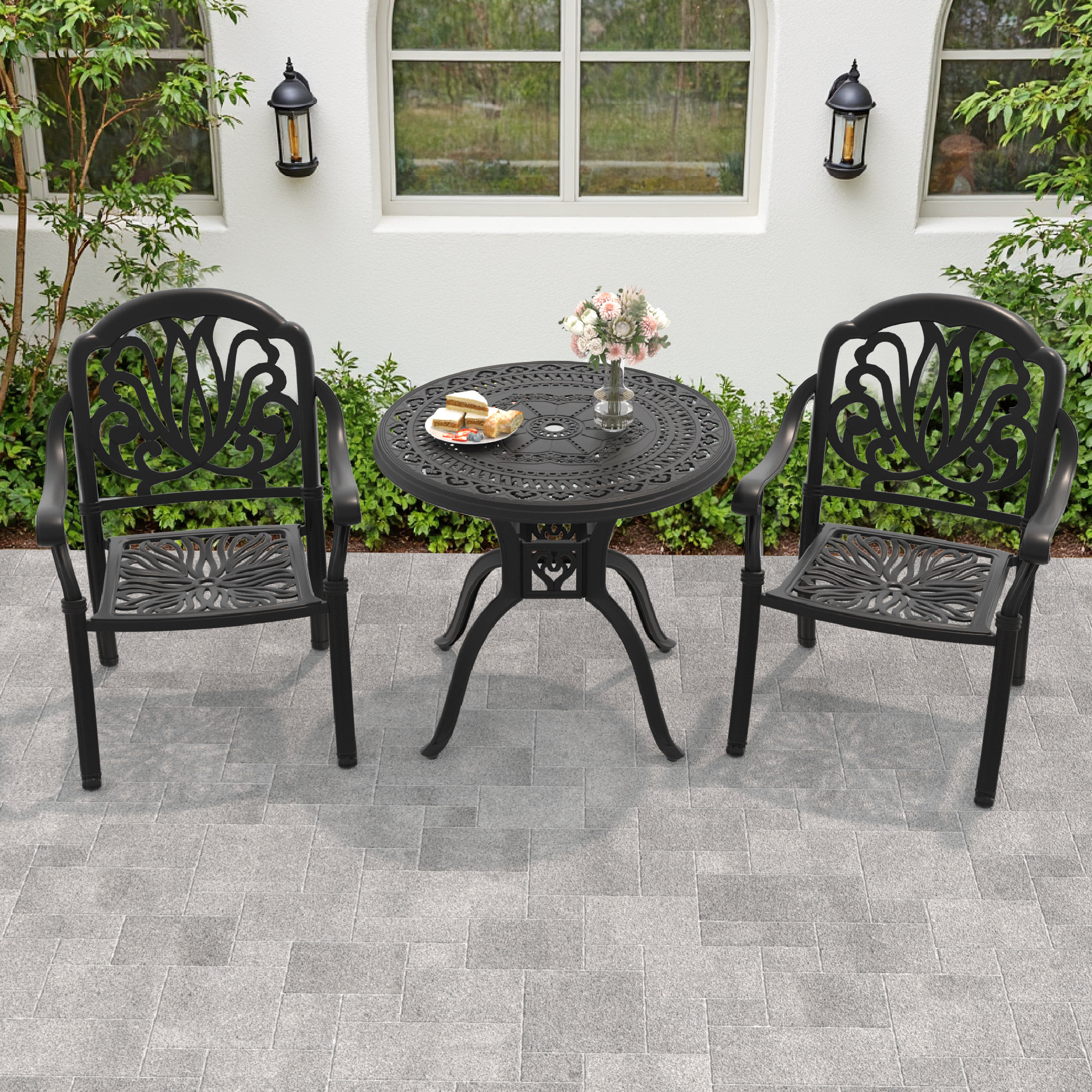 Darby Home Co 3-Piece 31.5-inch Round Table Cast Aluminum Outdoor ...