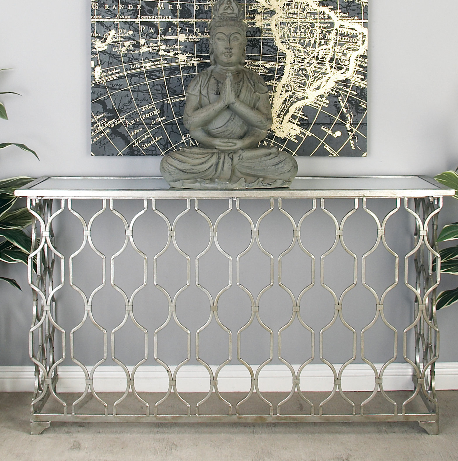 Mercer41 Tring Metal Geometric Silver Console Table with Mirrored Glass ...
