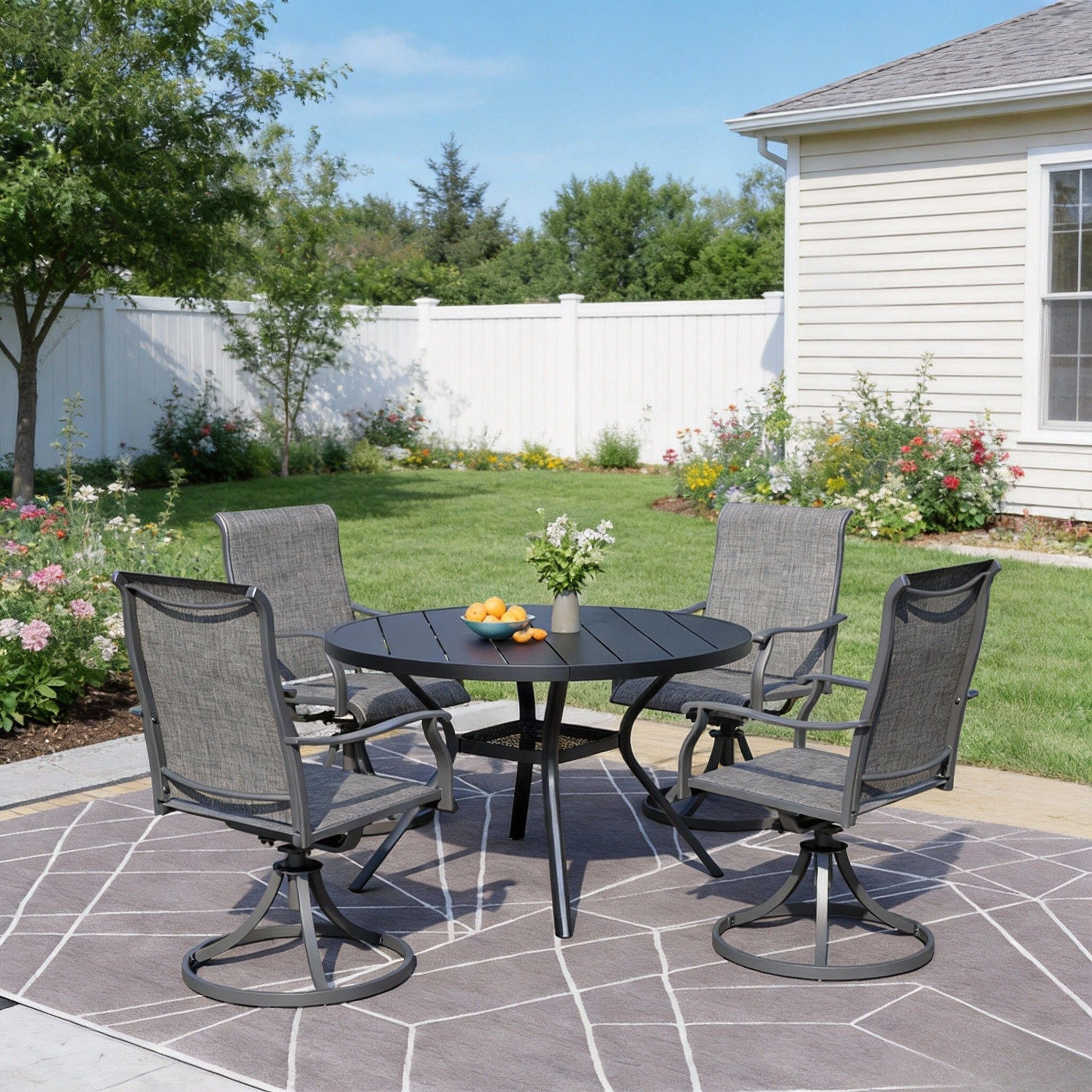 Latitude Run® 5-Piece Patio Dining Set, Taupe Foamed Textilene Swivel ...