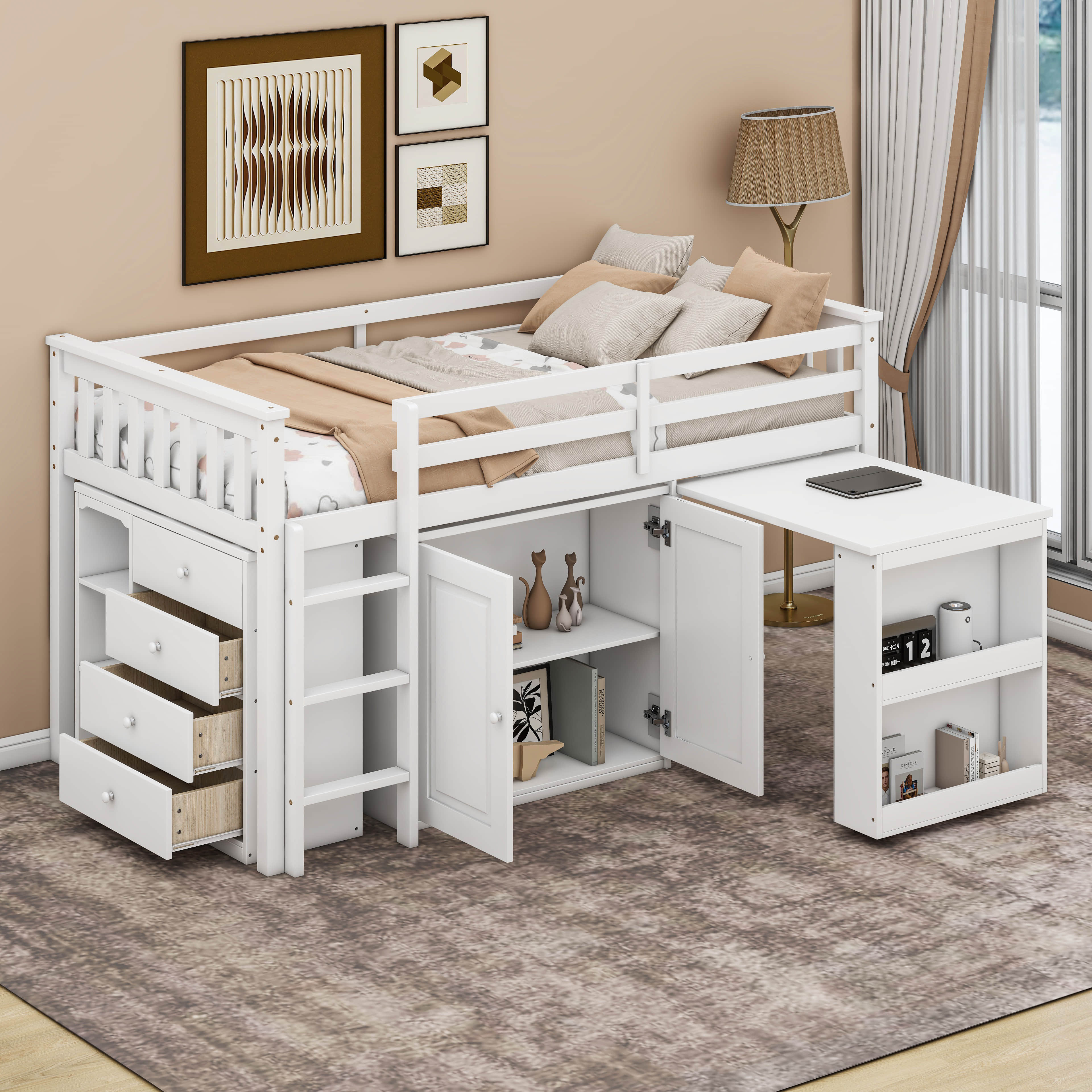 Cosmic Twin Loft Bed With Storage Cabinet, Drawer And Shelf Cabinet And ...