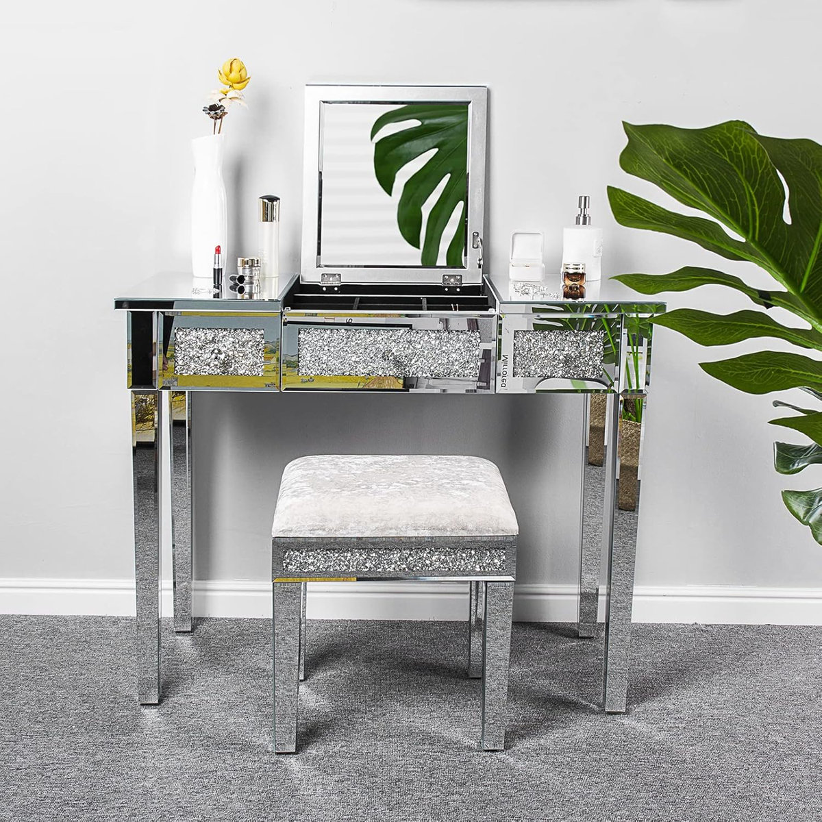 Winado Mirrored Vanity Stool With Storage, Upholstered | Wayfair