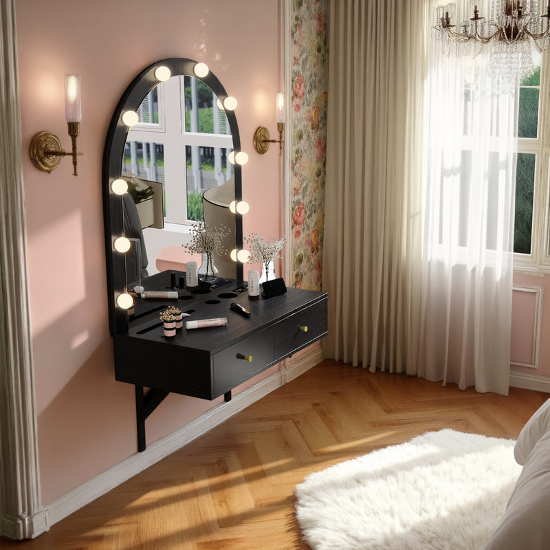 Ebern Designs Wall-Mounted Floating Vanity Desk with LED Mirror ...