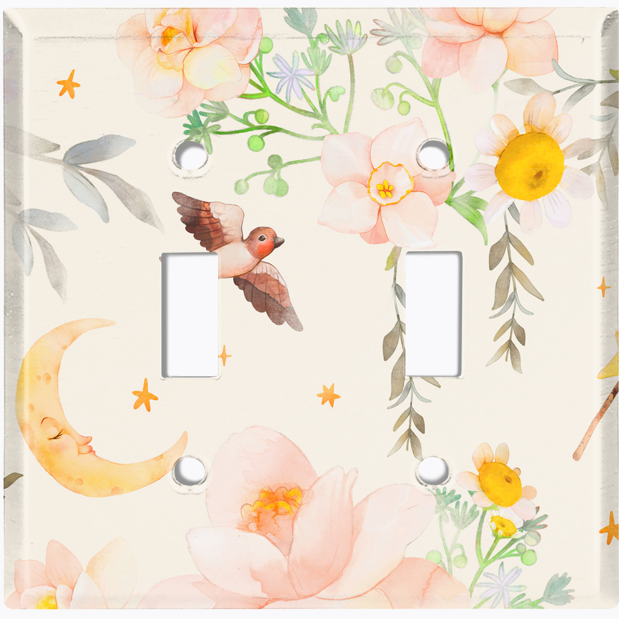 WorldAcc Cute Nursery Bird Moon Sky Flowers 2-Gang Toggle Light Switch ...