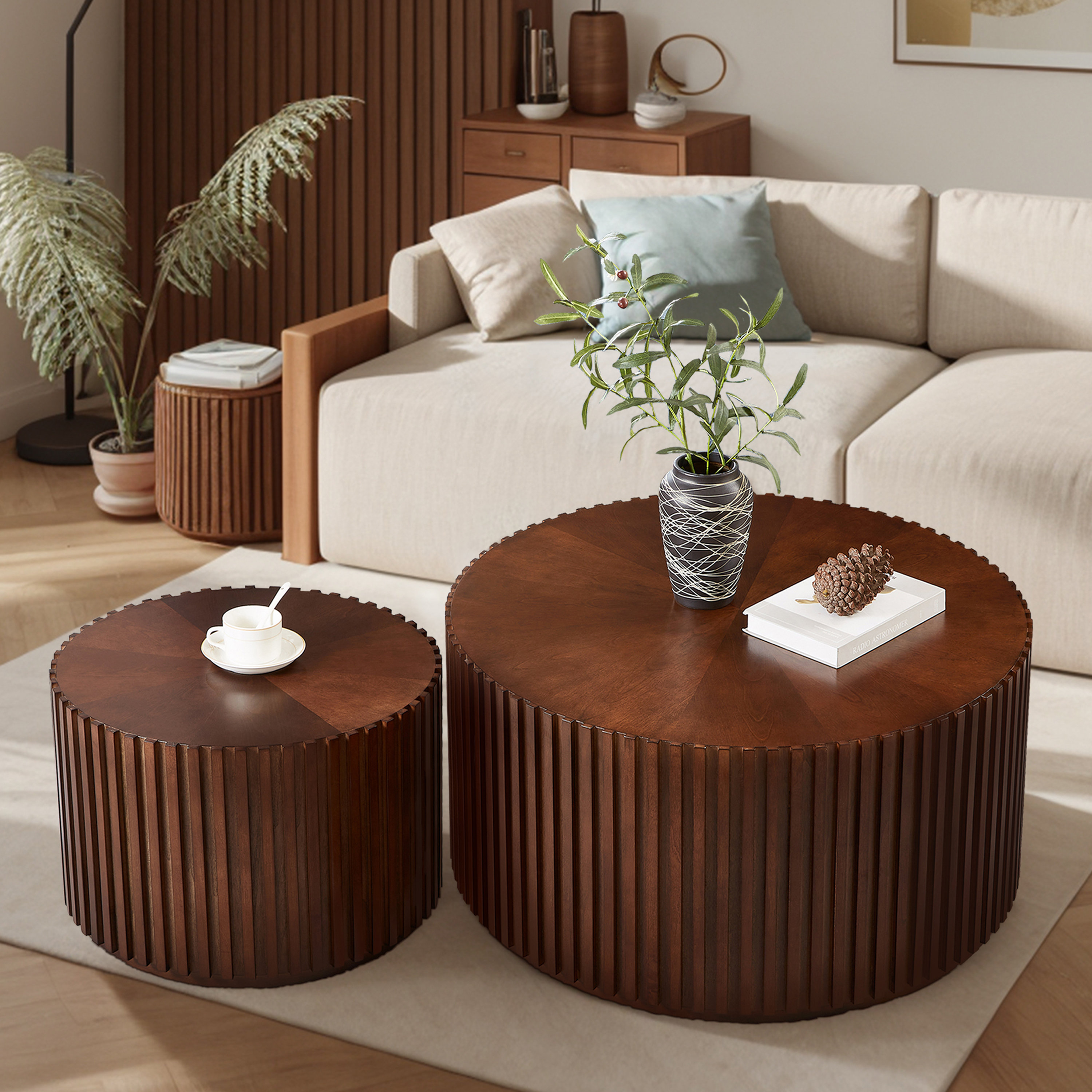 Latitude Run® Nesting Coffee Table Set of 2, Solid Wood Round Coffee ...