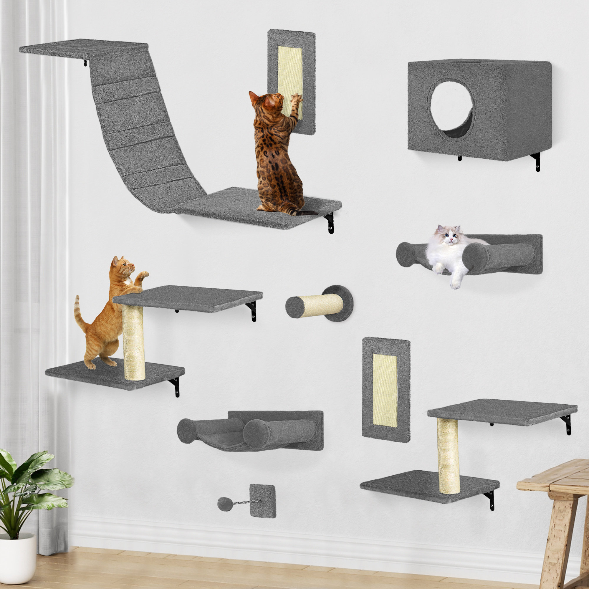 KAMABOKO 10-Piece Gray Wall-Mounted Cat Tree for Your Furry Friend ...