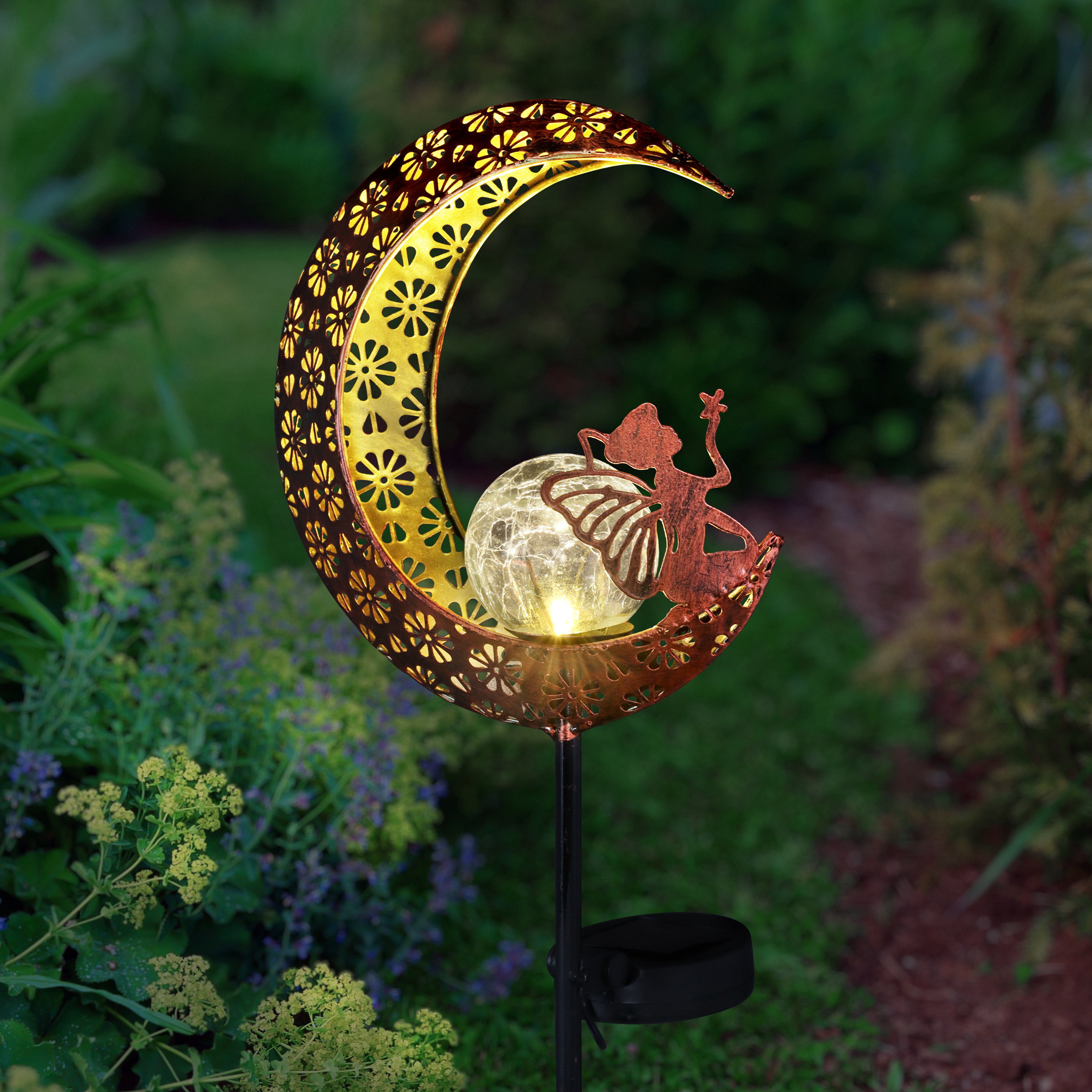 Exhart Solar Filigree Moon Stake with Glass Crackle Ball Center, 7 by ...