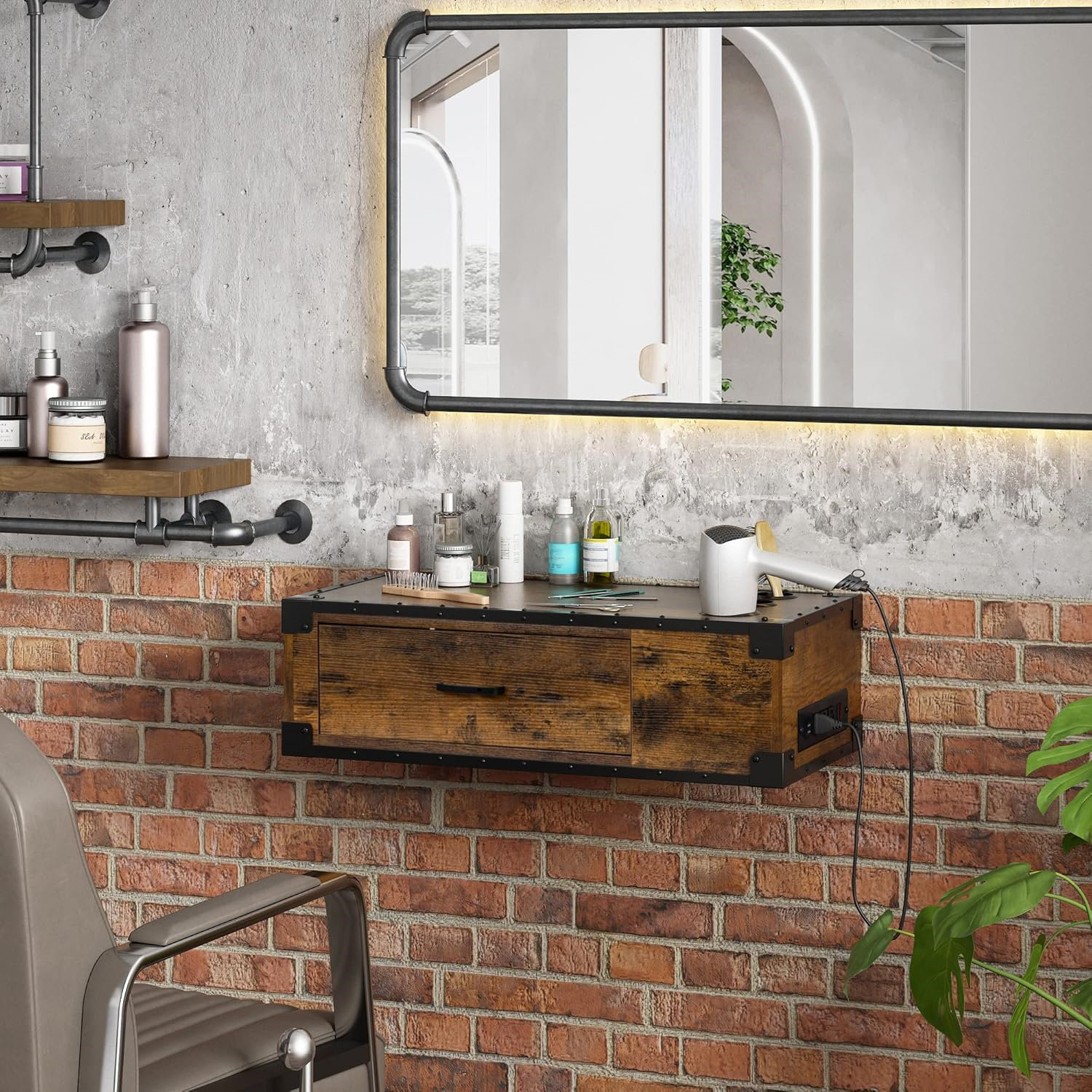 Millwood Pines Wall - Mounted Wooden Hair Styling Table With 3 Tool Holes, 3 Power Outlets, 2 ...