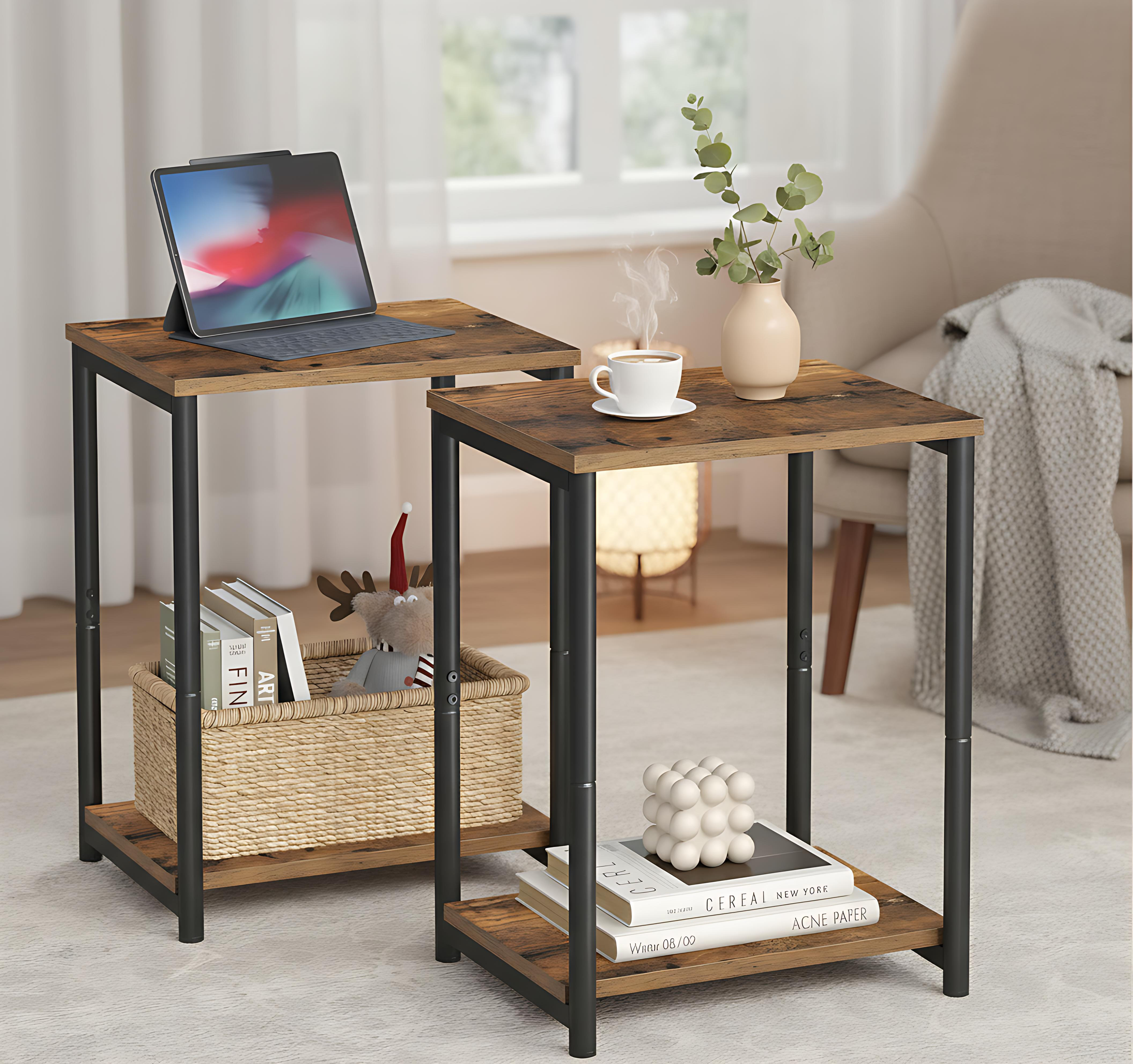 DRODE Set Of 2 Small Rustic Brown & Black End Tables, Compact Side ...