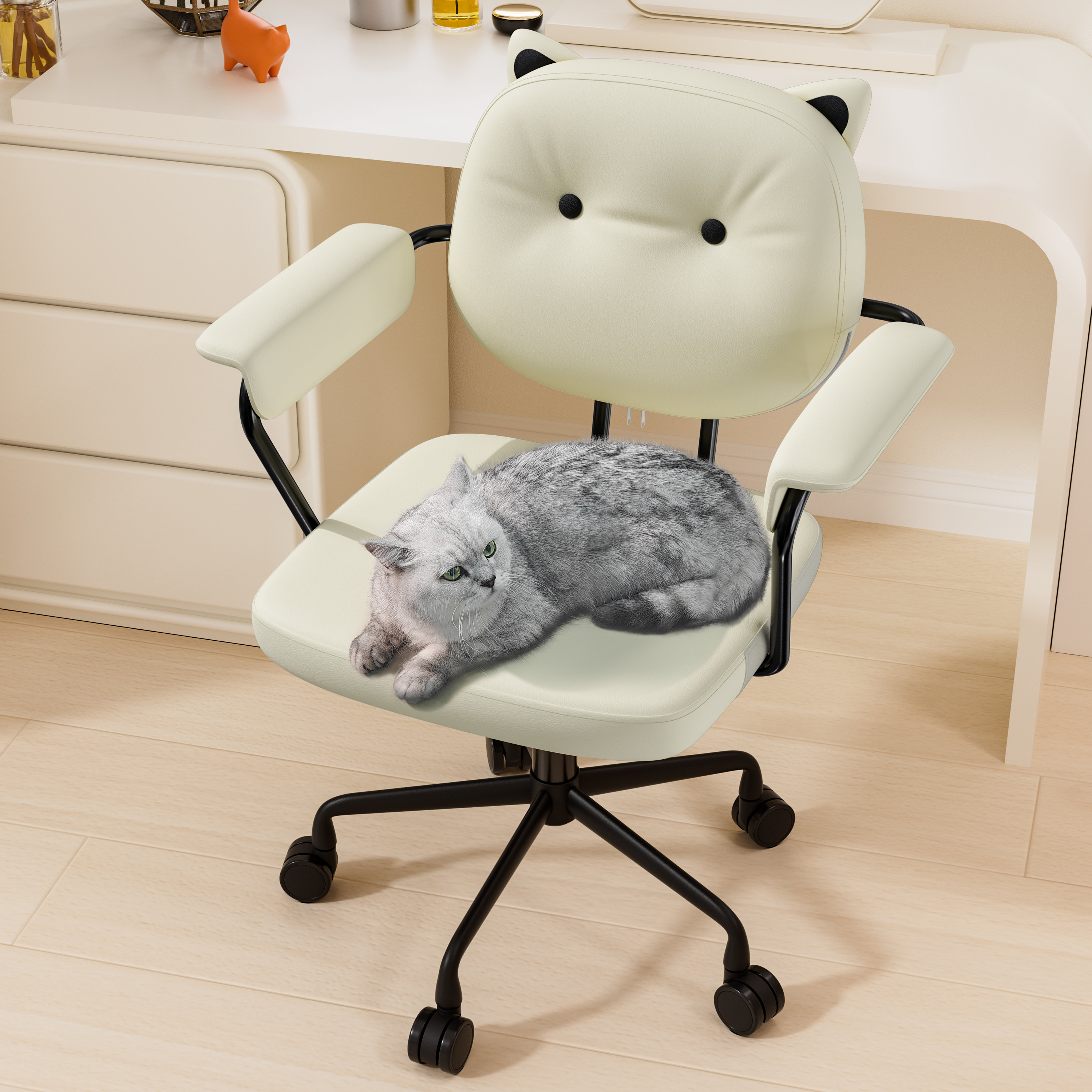 George Oliver Leather Vanity Task Chair, Cute Cat Face Desk Chairs with ...