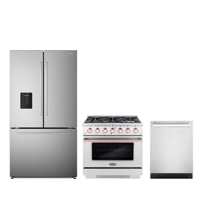 Cosmo 3 Piece Kitchen Appliance Package with French Door Refrigerator ...