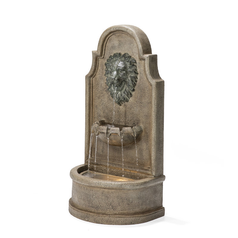 Bungalow Rose Resin Faux Granite Lion Head Fountain with Light ...