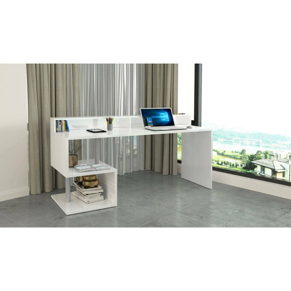 Ebern Designs Desk Dcheddir, Linear desk with storage shelves,180x60h93 ...