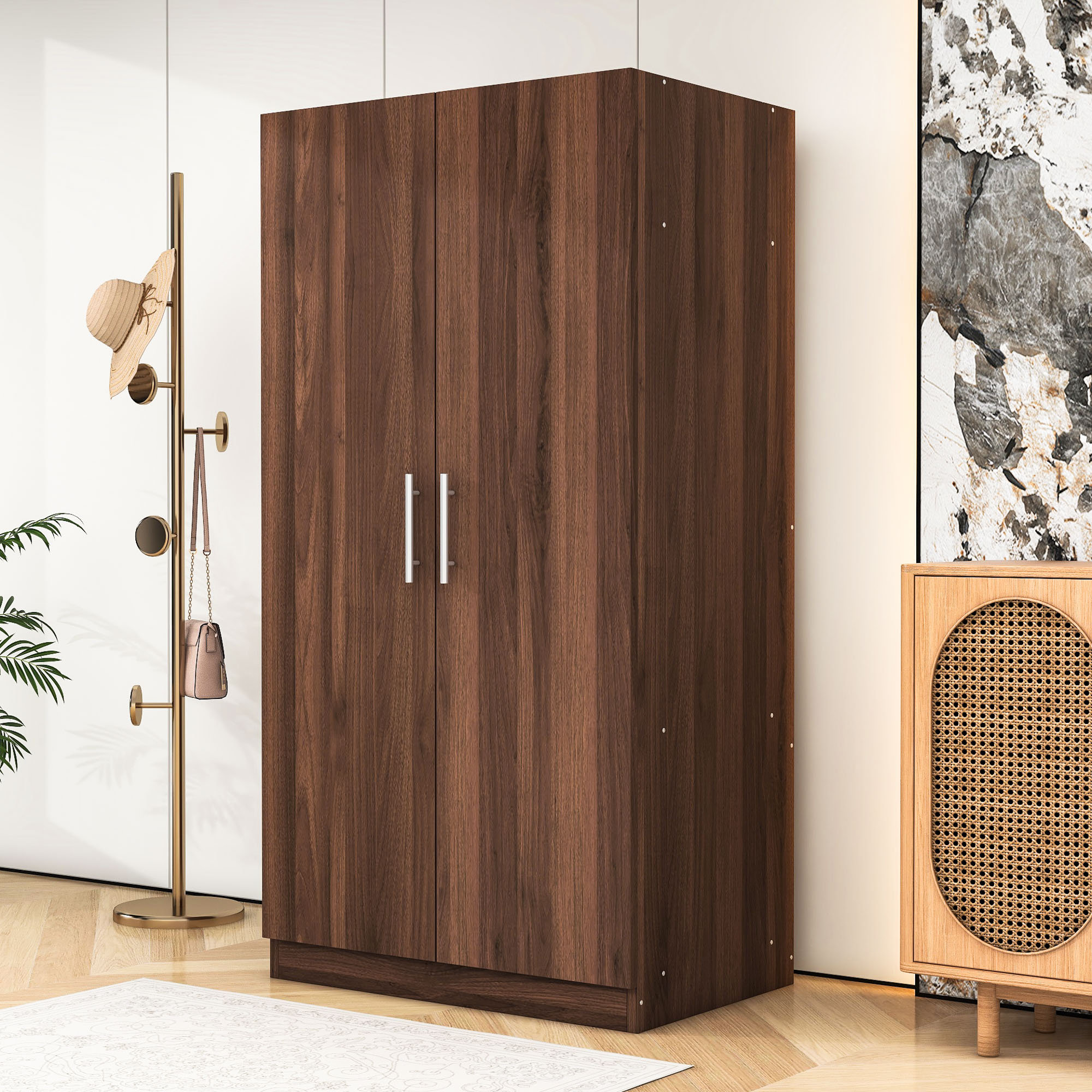 Millwood Pines Farmhouse Wooden Wardrobe with Sturdy Clothing Rod and ...