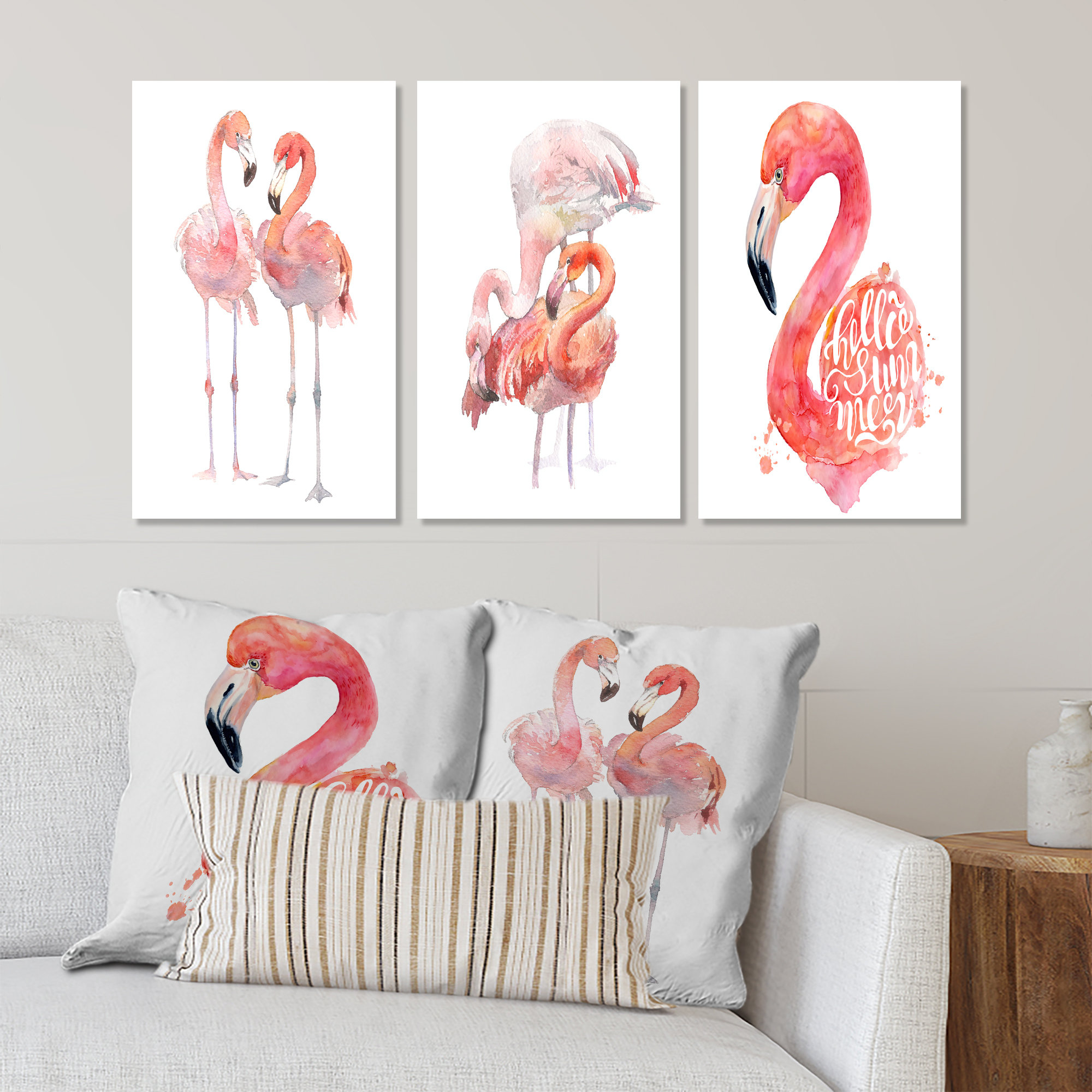 Design Art Pink Flamingos On White II - Traditional Art Set Of 3 Pieces ...