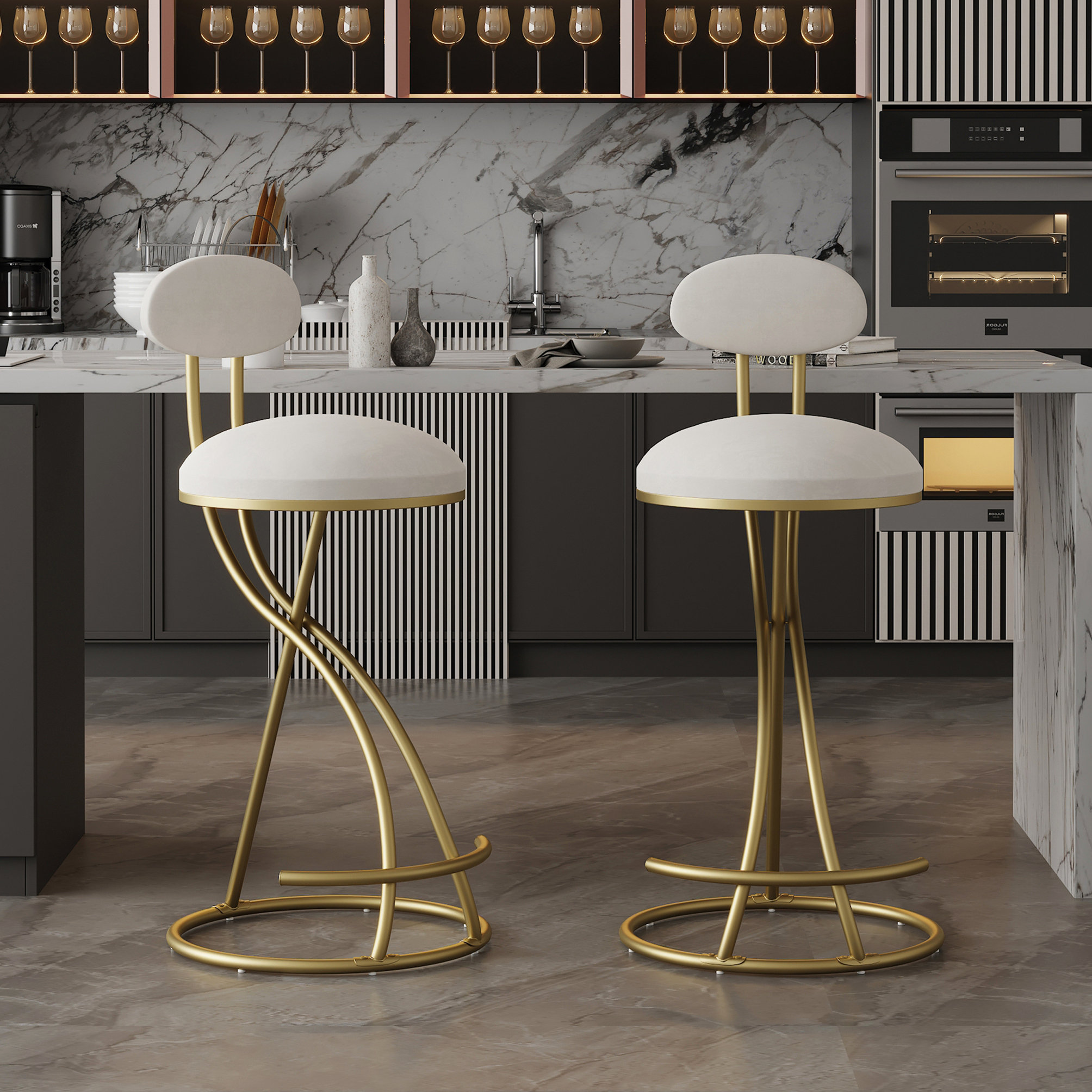 Everly Quinn Round Bar Stool Upholstered Dining Stools For Kitchen ...