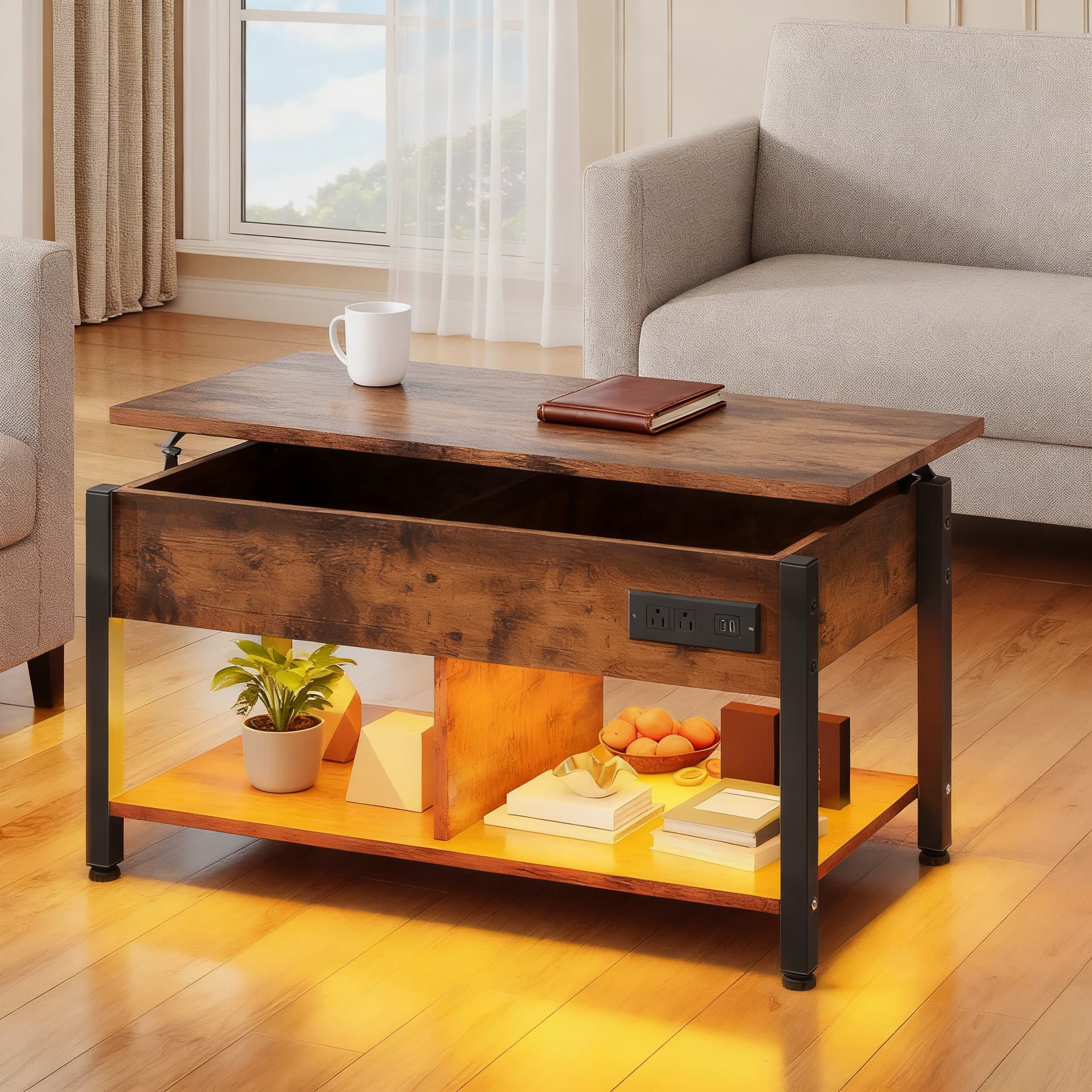 caimen 3-In-1 Lift Top Coffee Table With RGB Lighting & Power Outlets ...