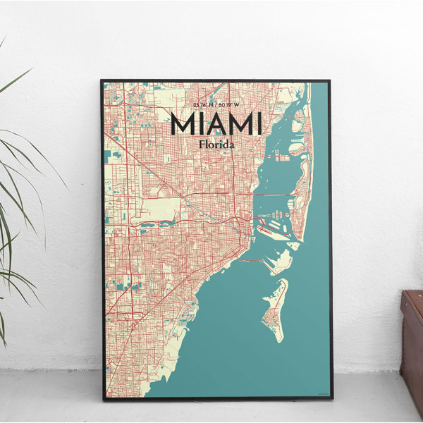 Wrought Studio 'Miami City Map' Graphic Art Print Poster in Tricolor ...