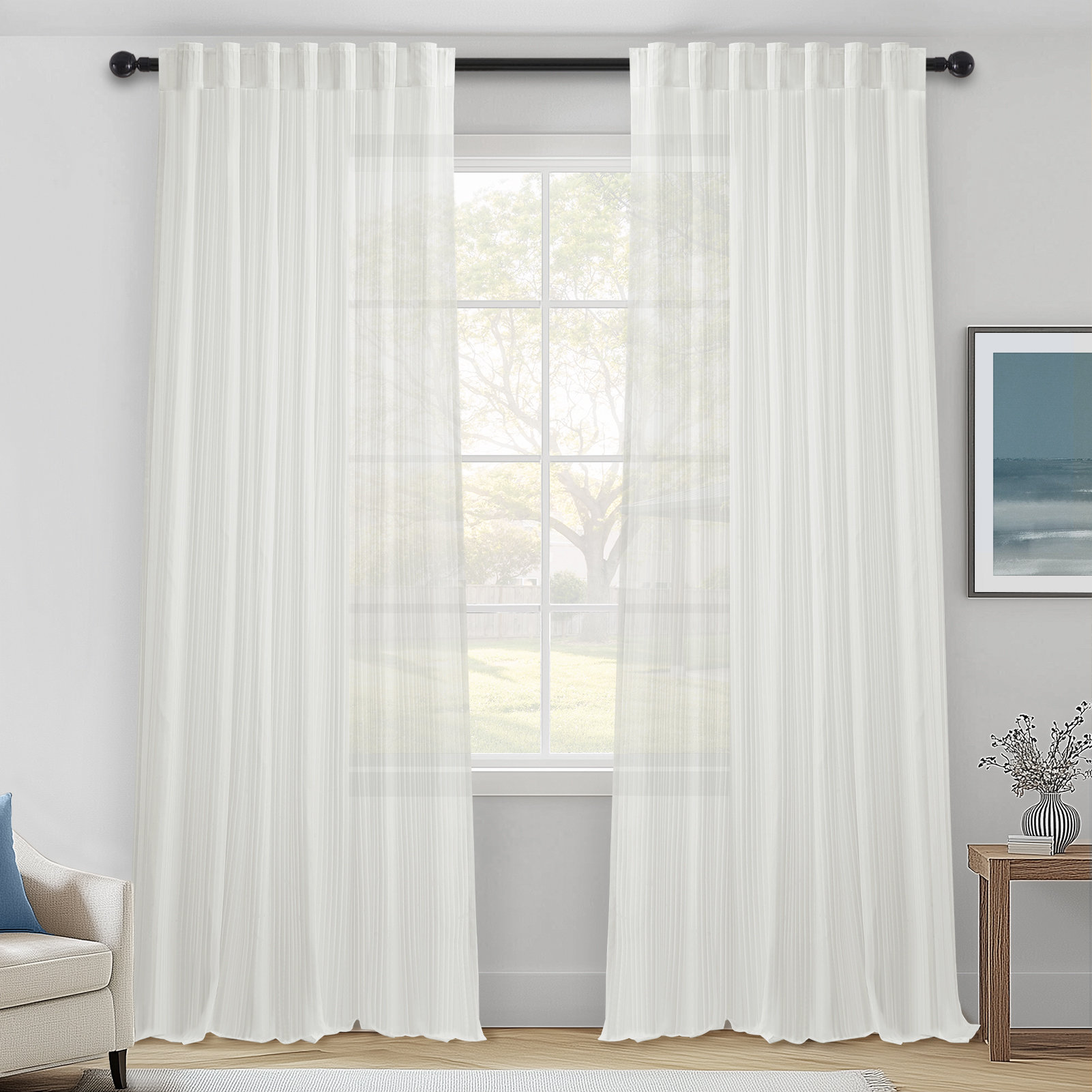 Latitude Run® Diyon White Striped Sheer Curtains,Rod Pocket Back Tab ...
