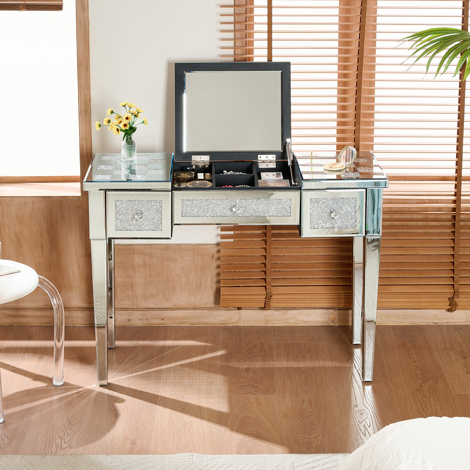 Mercer41 Elegant Mirrored Makeup Vanity Desk with Crush Diamond Inlay ...