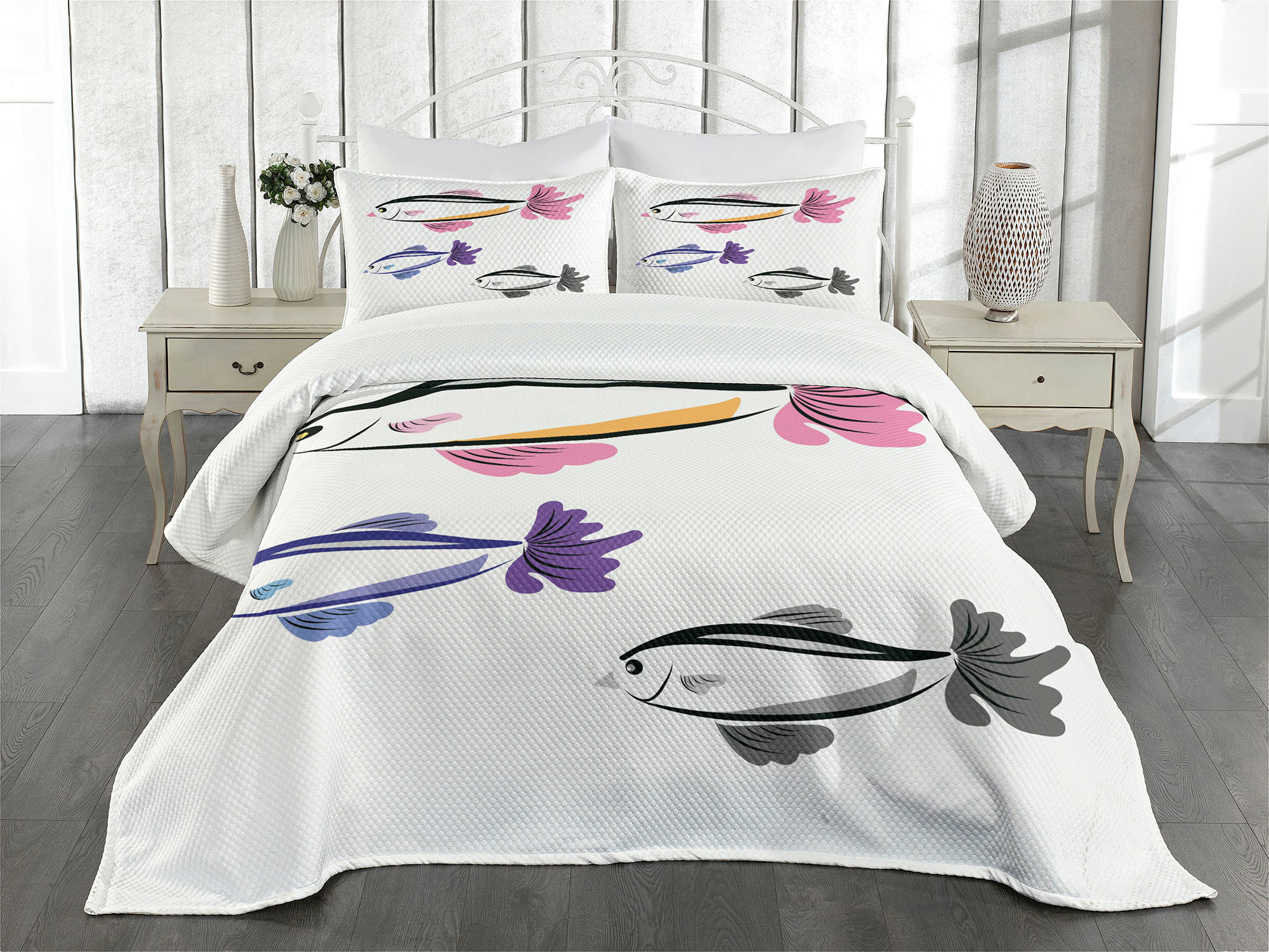 Ambesonne Fish Bedspread Set Bird Faced Animals Swim Dried Rose Dimgrey ...