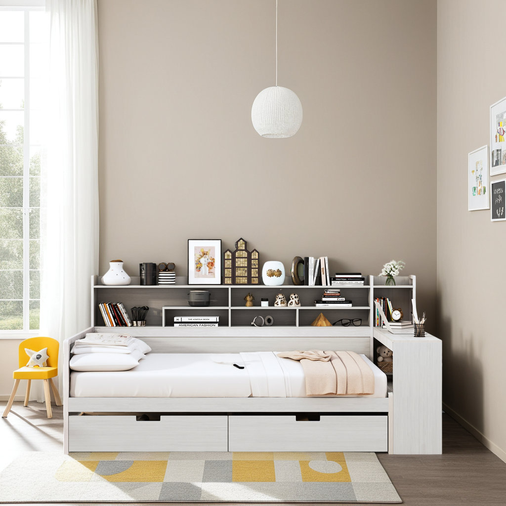 Red Barrel Studio® Wooden Daybed with Storage Shelves, Study Desk & 2 ...