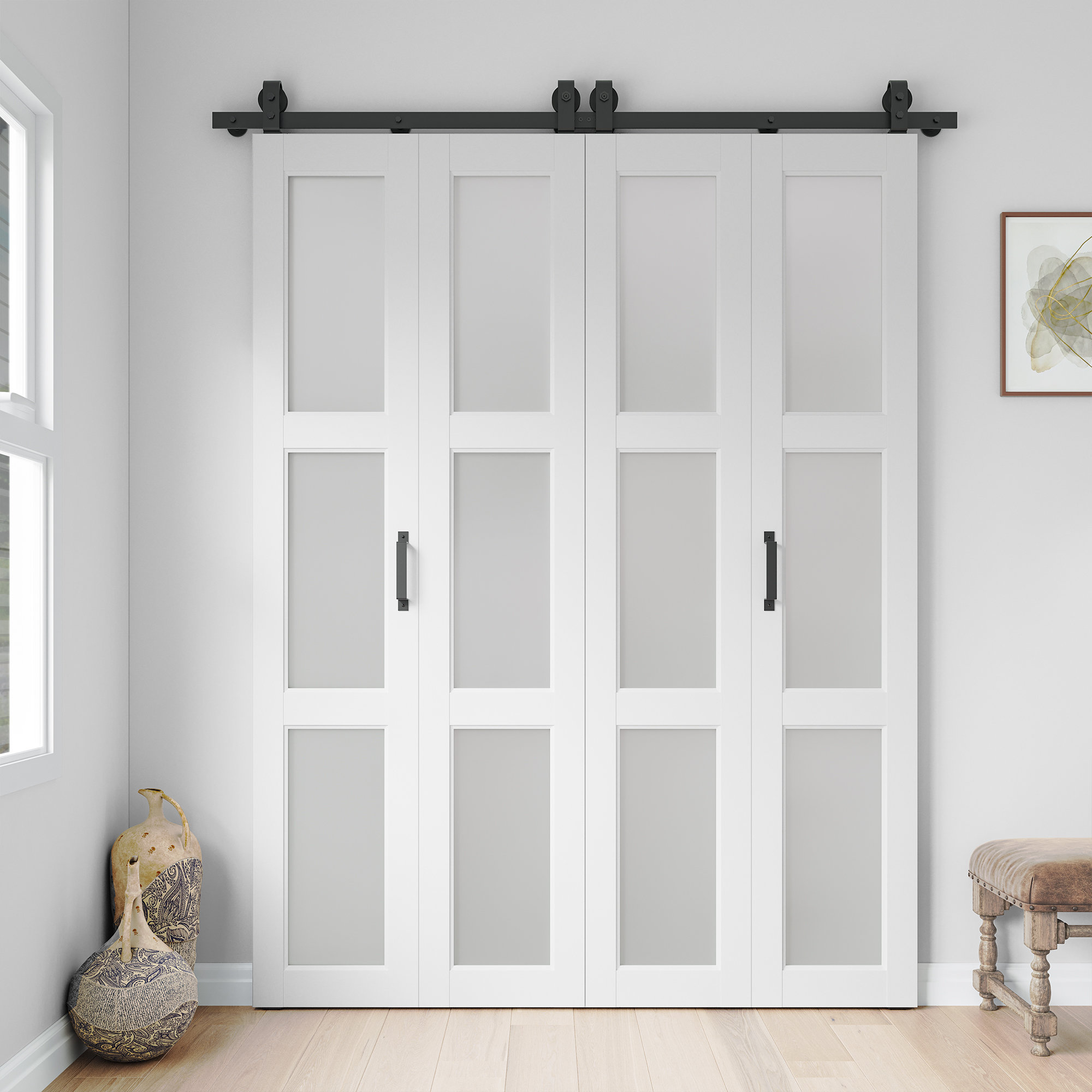 SMARTSTANDARD 3-Lite 84" Frosted Glass Bi-fold Barn Doors Double Doors ...