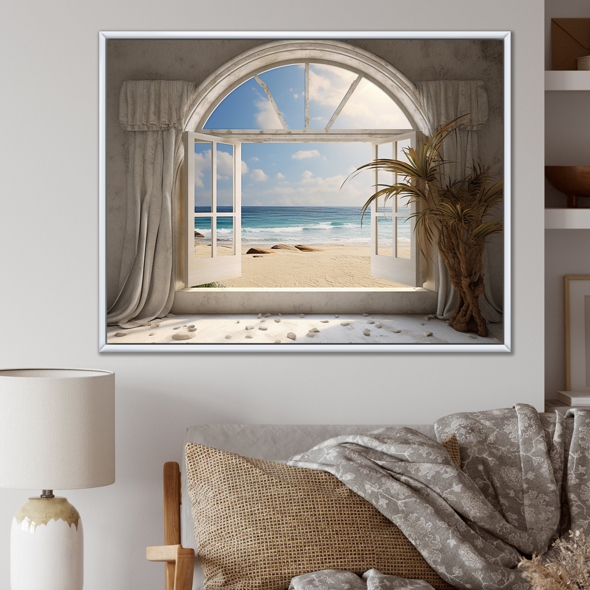 Highland Dunes Oceanview Through Open White Window Framed On Canvas ...