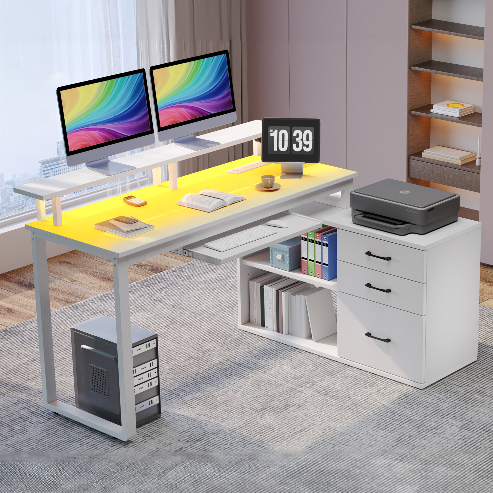 Ivy Bronx Ameliore 55.1" L Shaped Computer Desk with File Drawer, LED ...