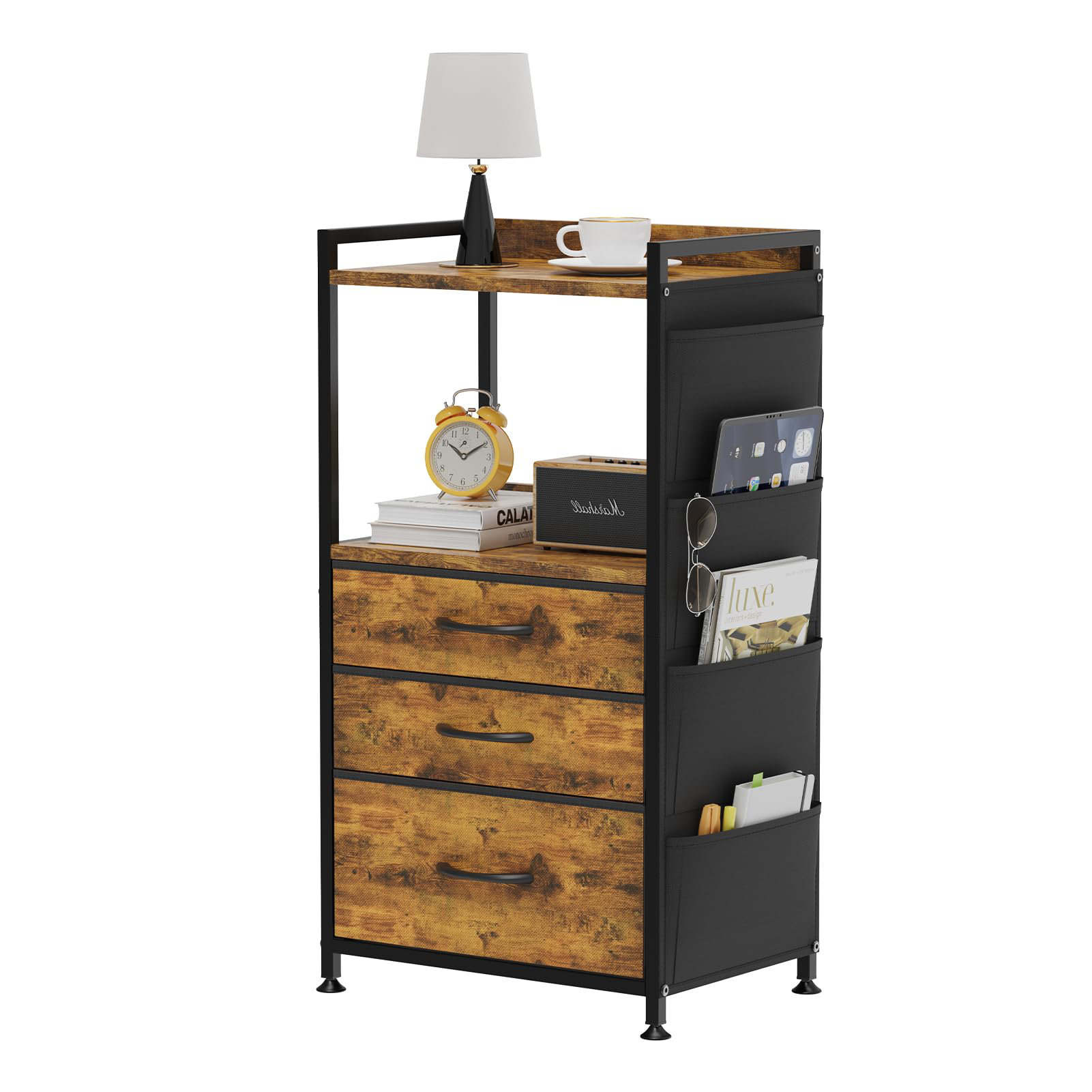 17 Stories Rustic Bronze Nightstand With Fabric Drawers & Side Pockets ...