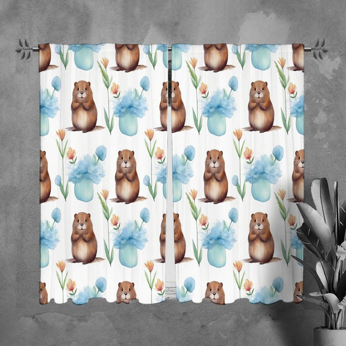 Wildon Home® Beaver Window Curtains Animals Blue Drapes | Wayfair