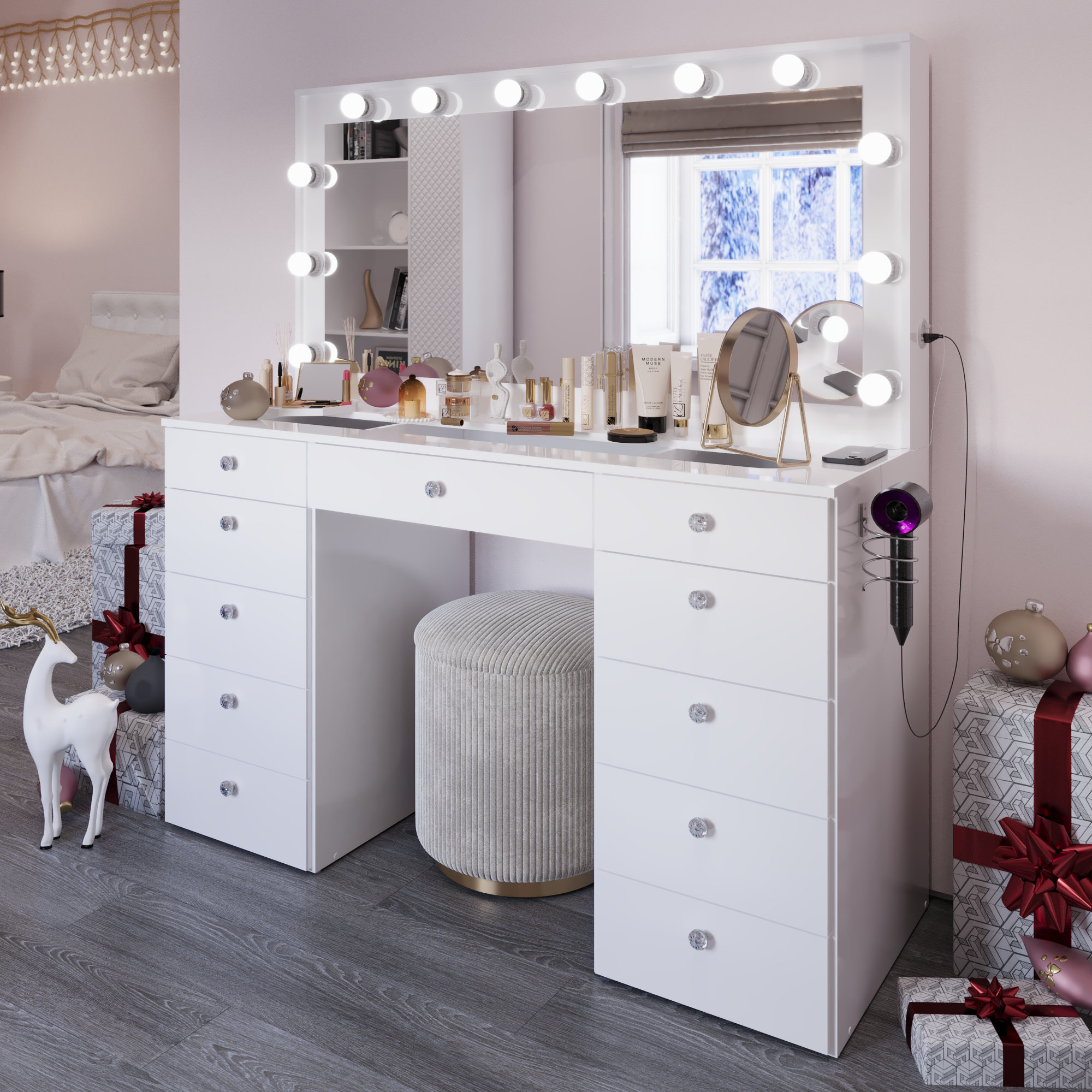 Boahaus LLC Orla Extra Large Makeup Vanity with Bluetooth Speakers ...