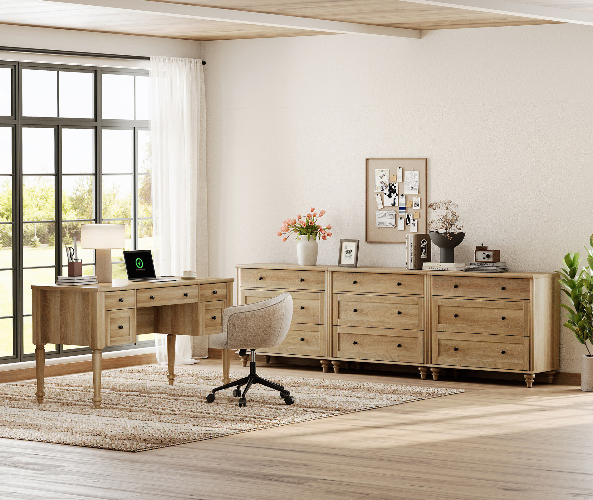 Charlton Home 55.9'' Farmhouse Style Desk And Wooden Dresser Combo Set ...