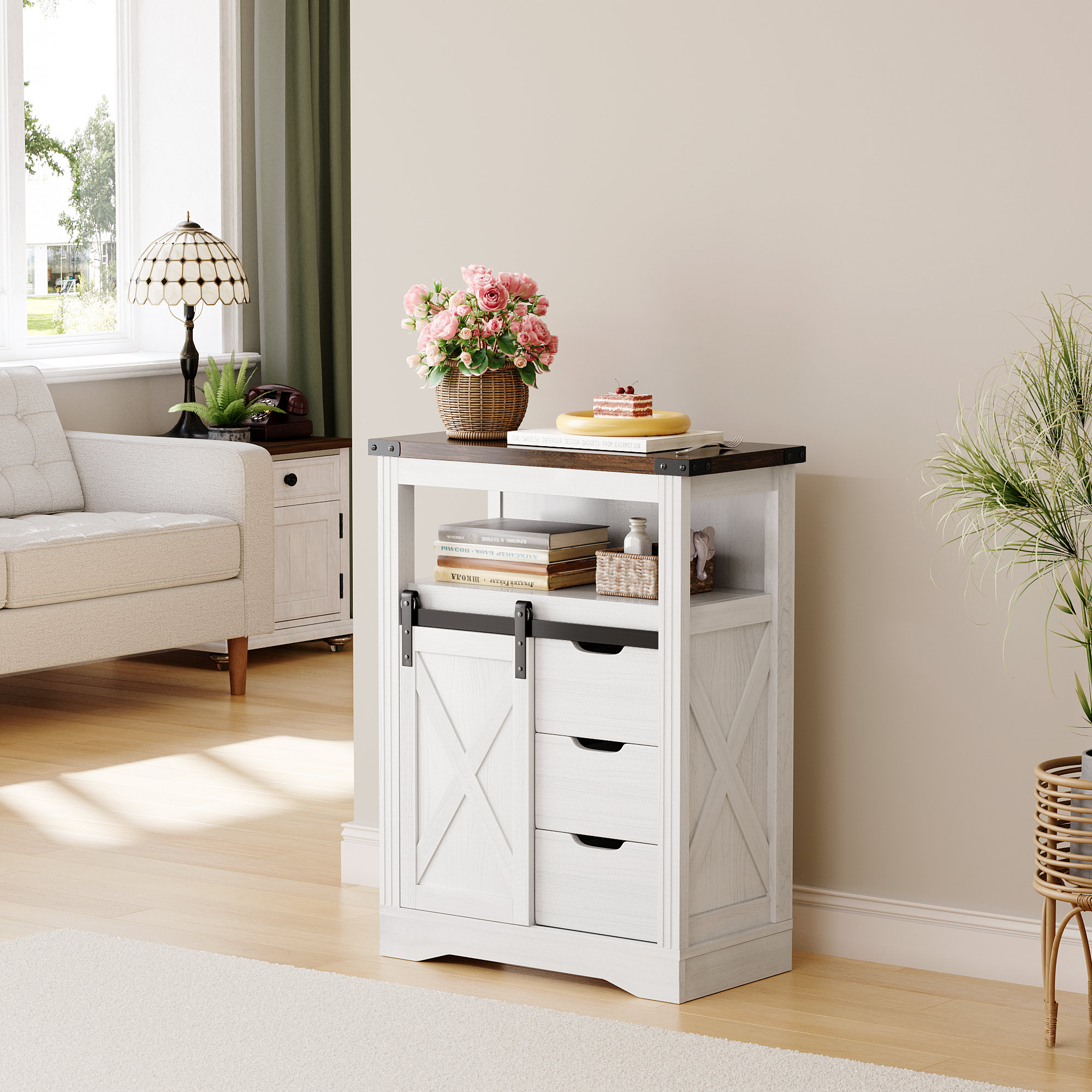 Gracie Oaks Farmhouse Storage Cabinet with Sliding Barn Door & Drawers ...