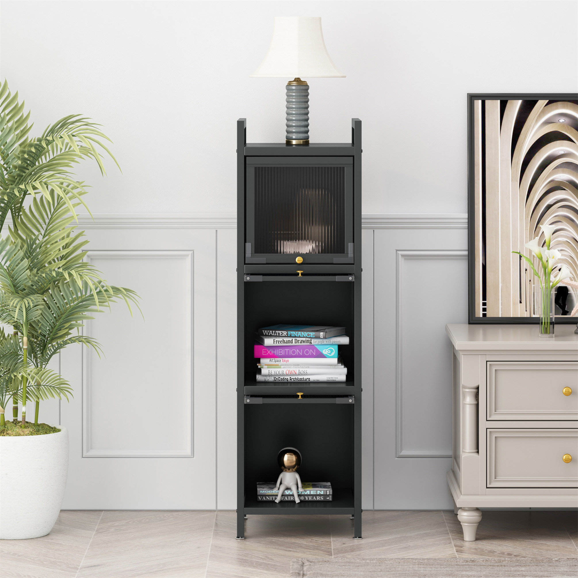 Ebern Designs Modern Three Tier Glass Door Cabinet With Featuring Four Tier Storage For
