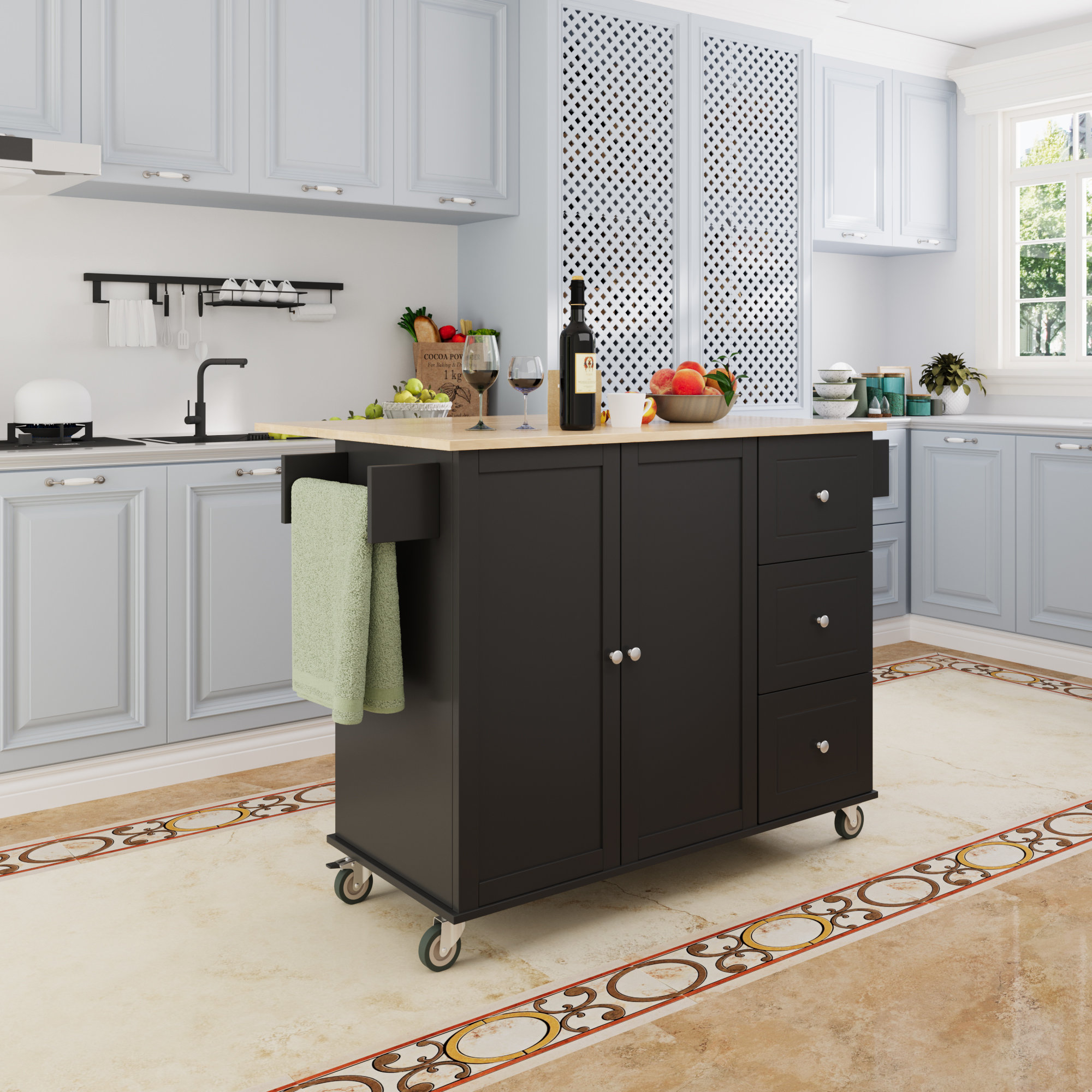 Red Barrel Studio® Taysean Rolling Kitchen Island with Wood Top | Wayfair