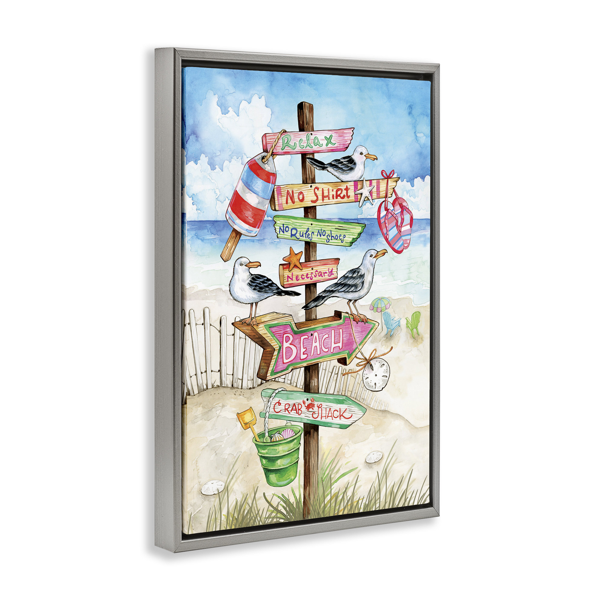 Highland Dunes Seaside Rules Signs Gray Framed Floater Canvas by Ronnie ...