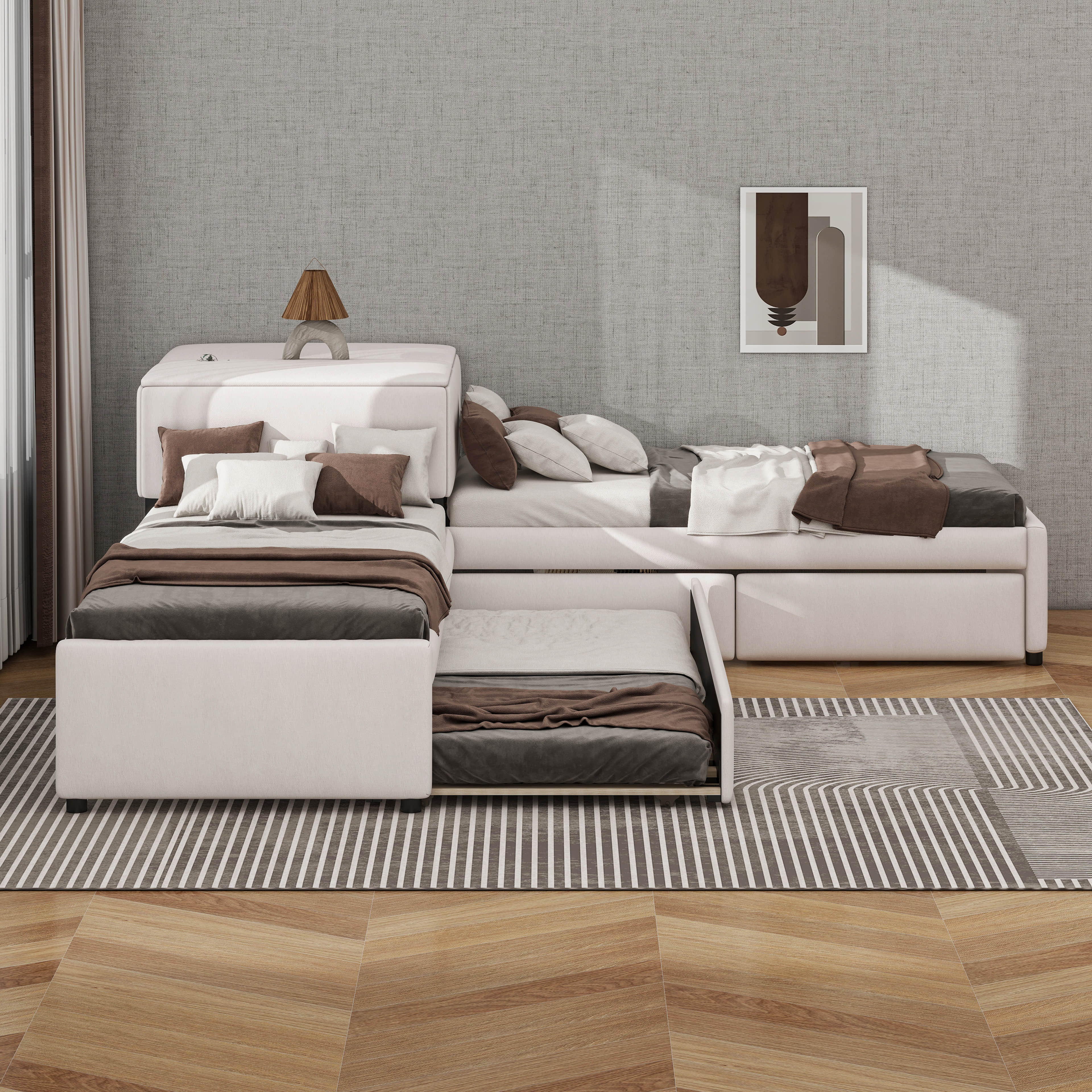 Red Barrel Studio® L-Shape Upholstered Twin Beds With Trundle And ...