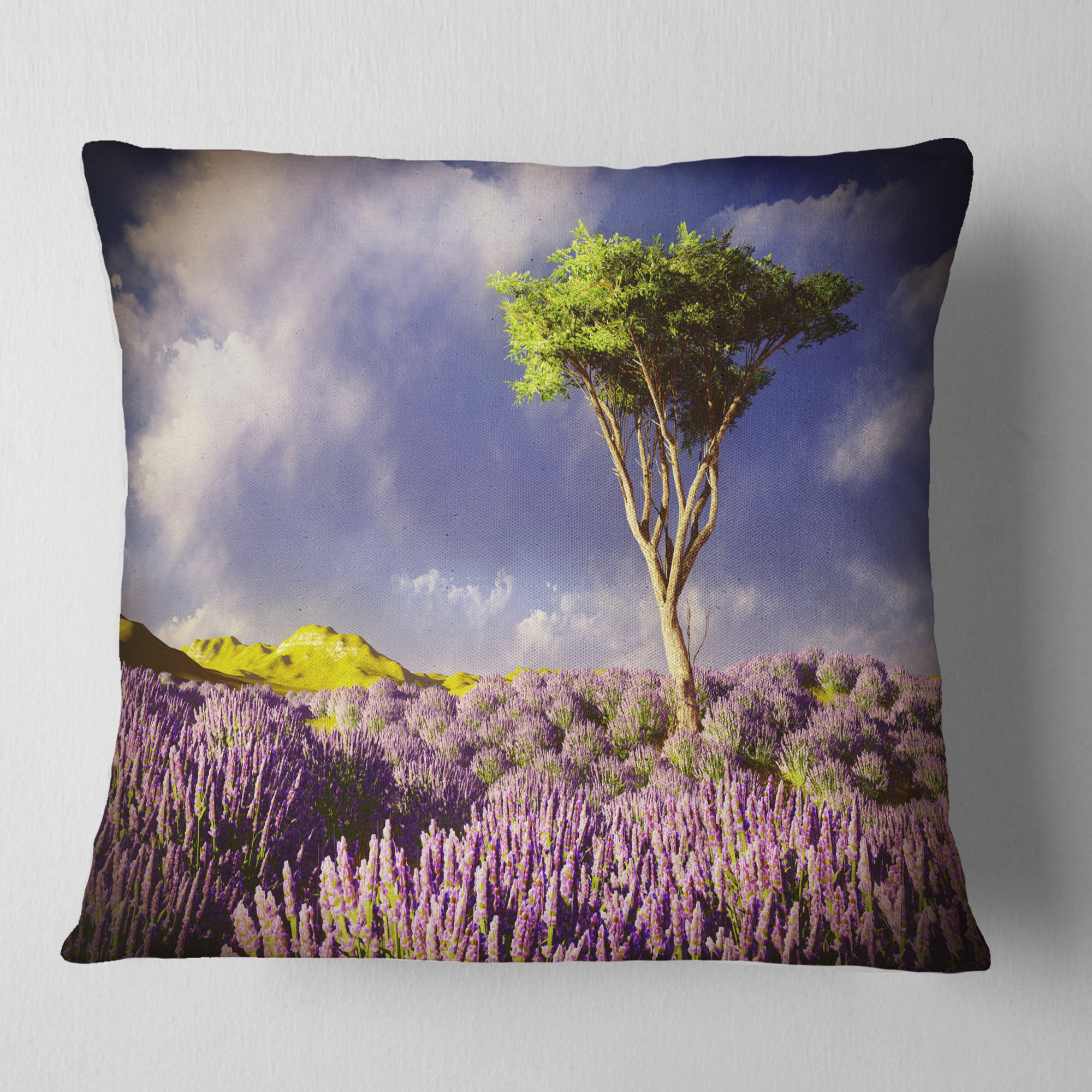 Design Art Green Tree in Lavender Field - Landscape Printed Pillow ...