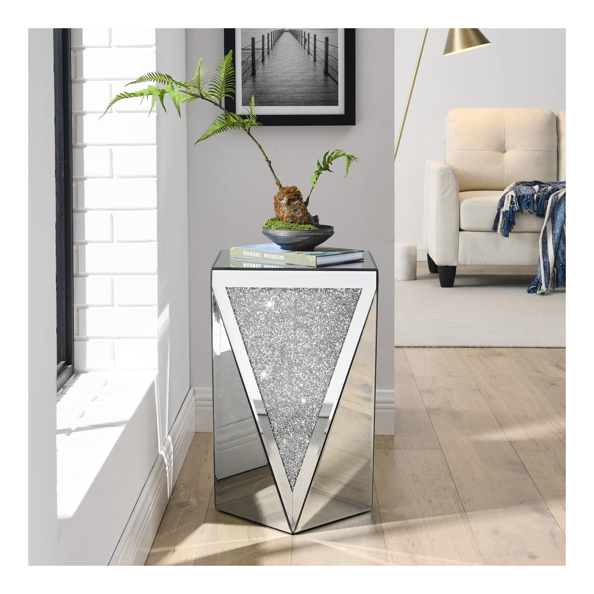 Everly Quinn Inverted Triangular Mirror Square Table, Crystal Diamond ...