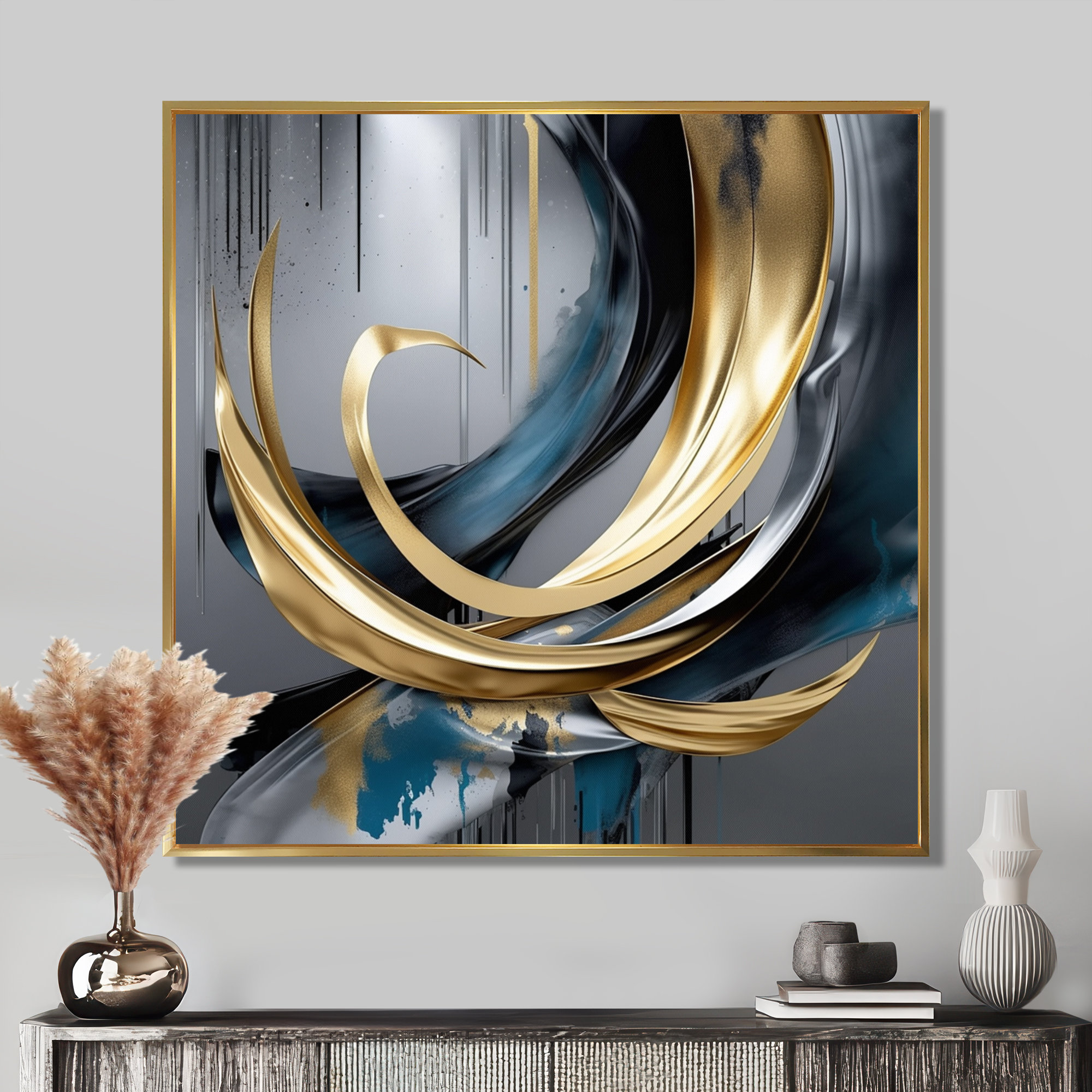 Ivy Bronx Inception Liquid Gold Curl - Waves Wall Art Living Room | Wayfair