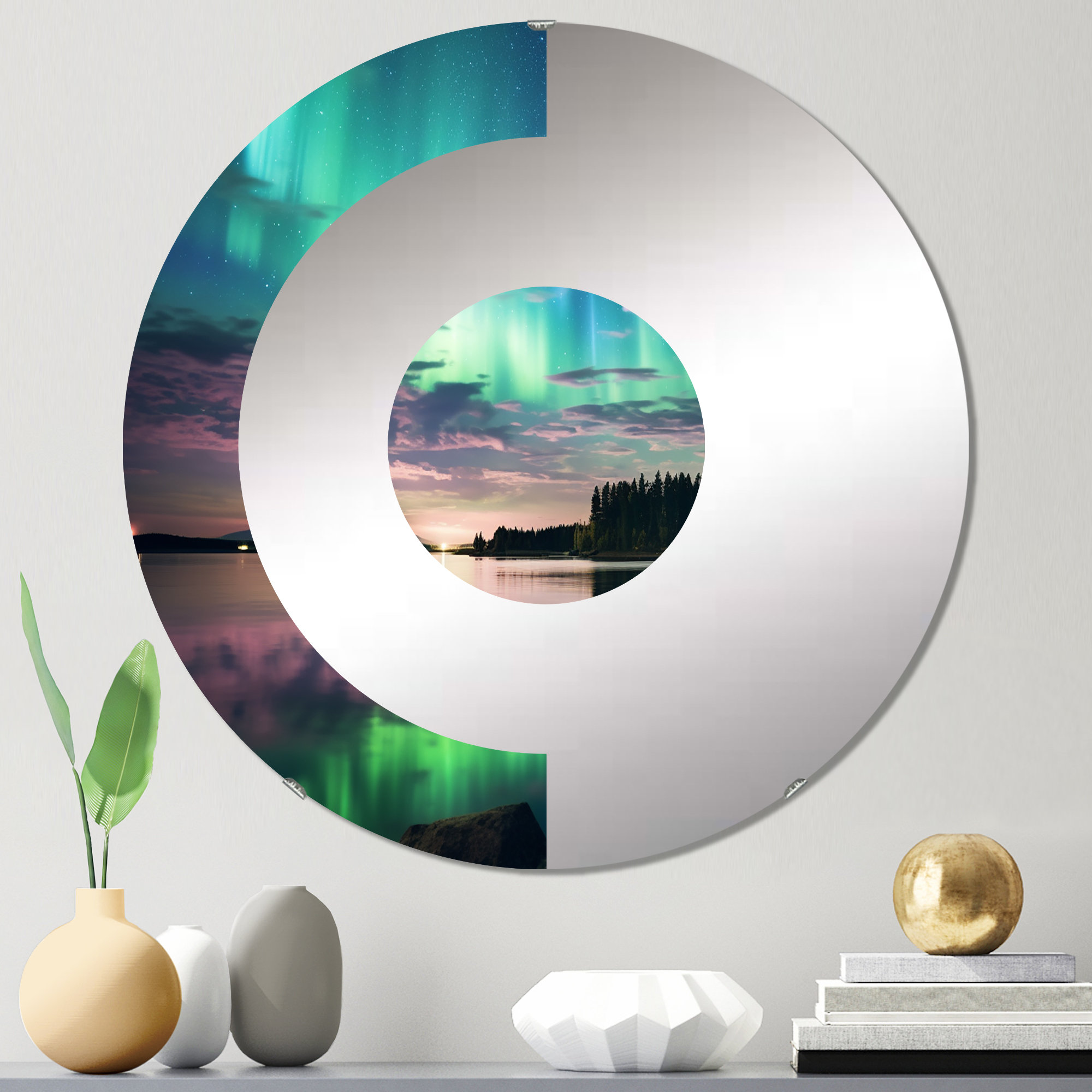 Design Art Magical Lake Landscape Aurora Borealis II - Half Circle Wall ...