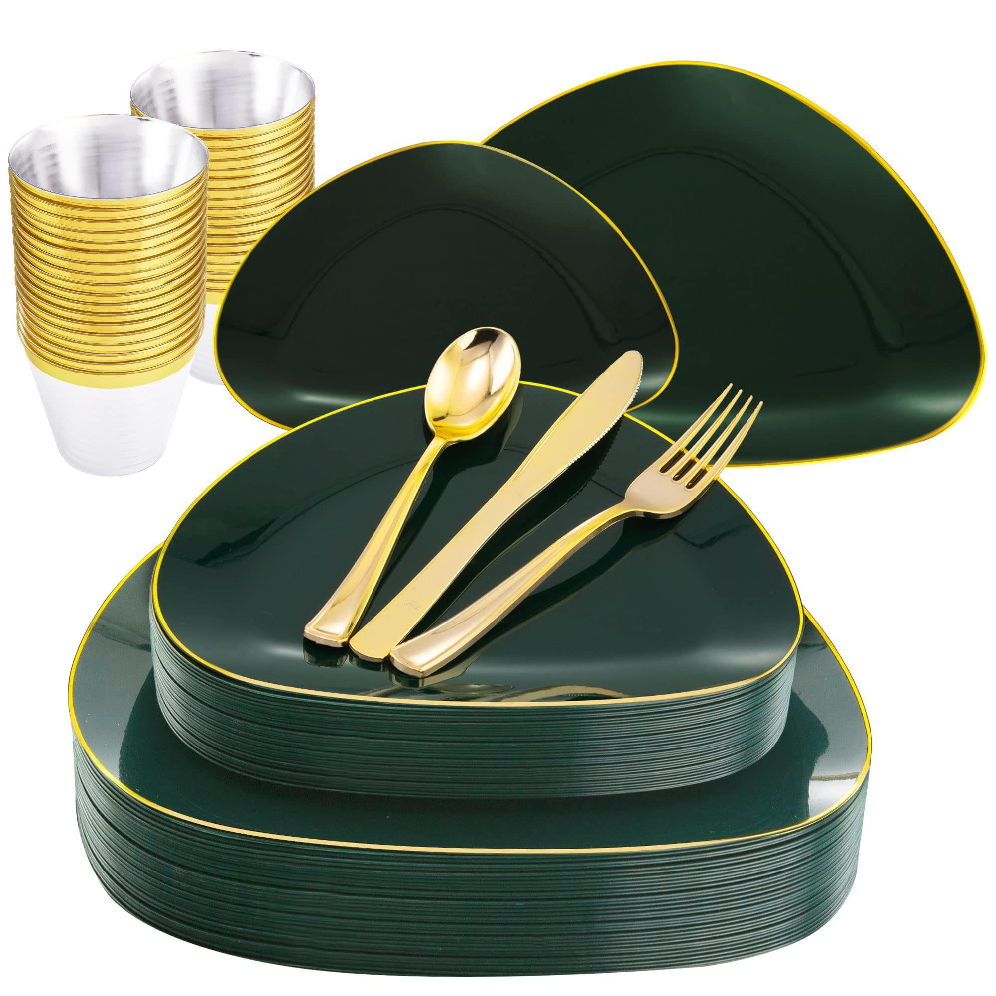 COEN 180-piece green plastic plates set,green and gold disposable ...