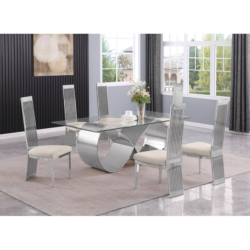 Orren Ellis High Class Dining Set With Clear Glass Table And Stainless ...