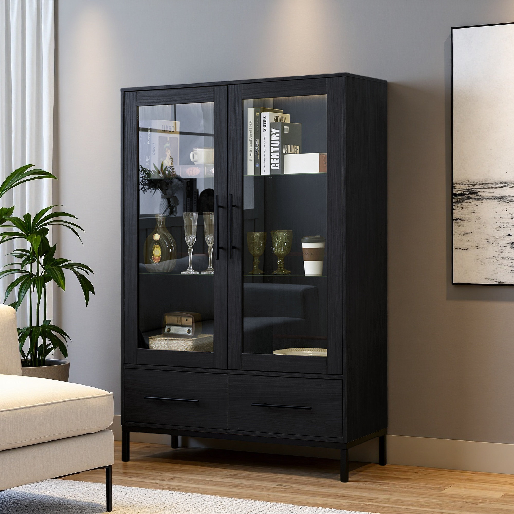 Latitude Run® 60'' Tall Display Cabinet With Tempered Glass Door, LED ...