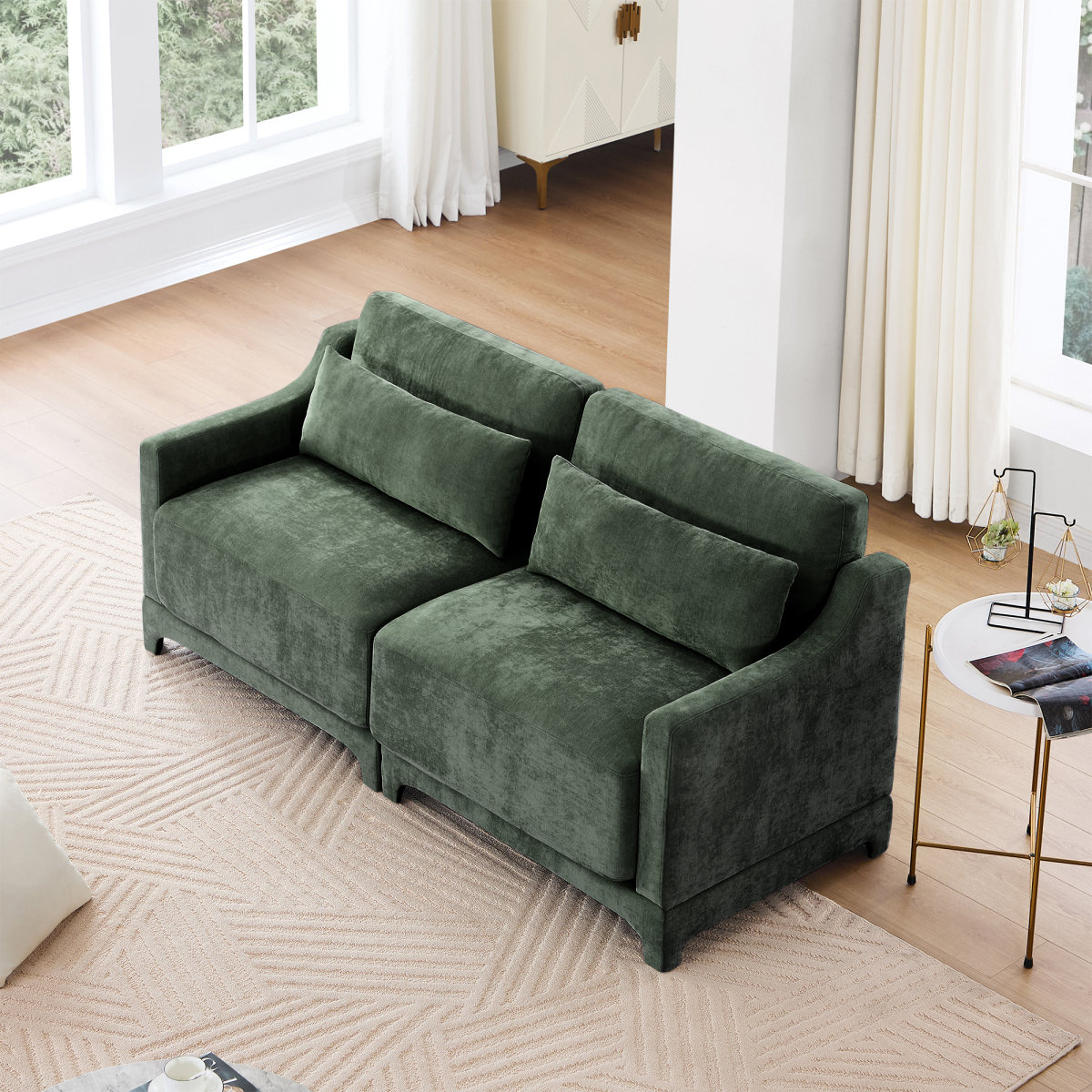 Latitude Run® Two -Seater Chenille Fabric Sofa, 2 Lumbar Pillows ...