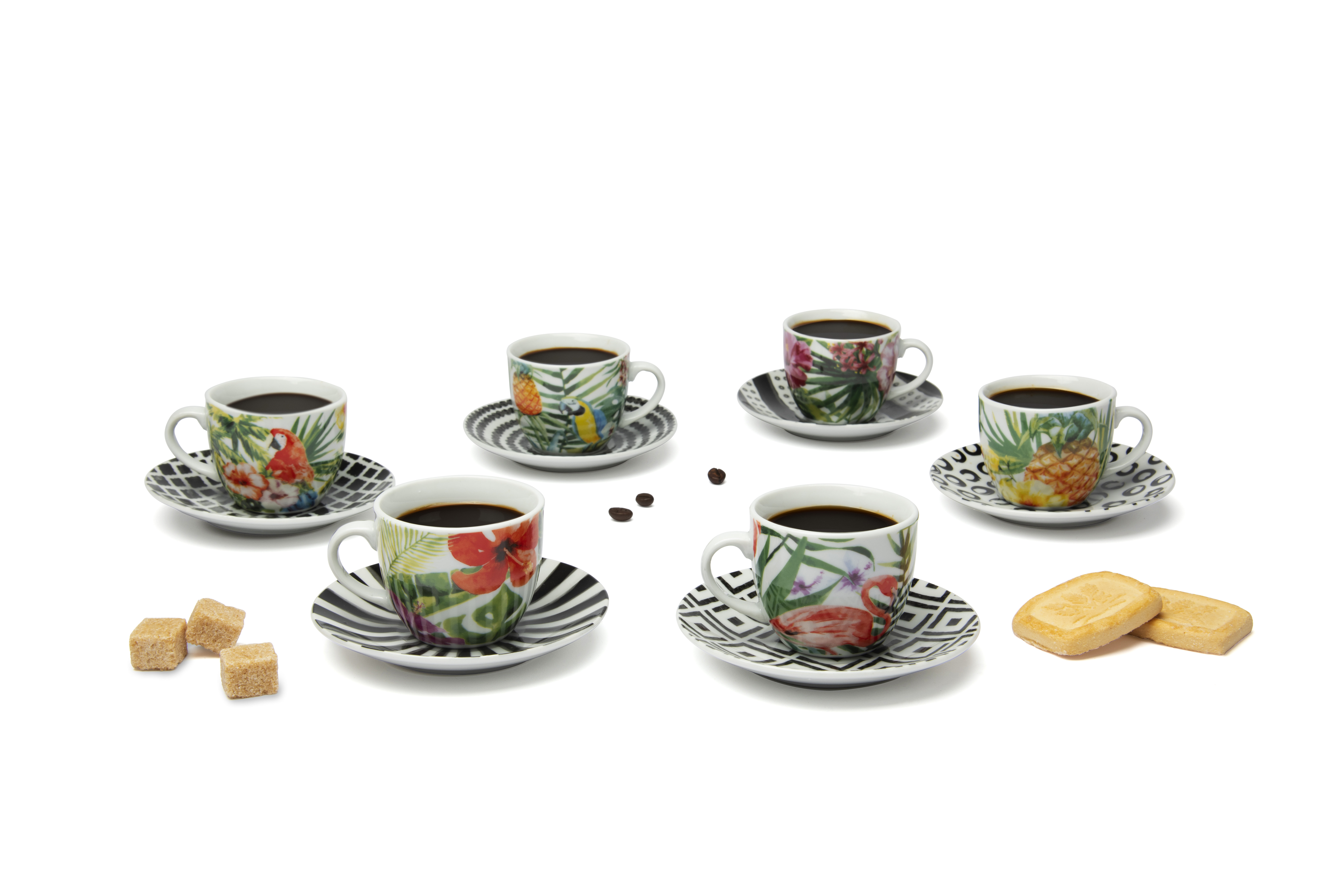 Excelsa set of 6 espresso cups with saucers Tropical Chic porcelain 7 ...