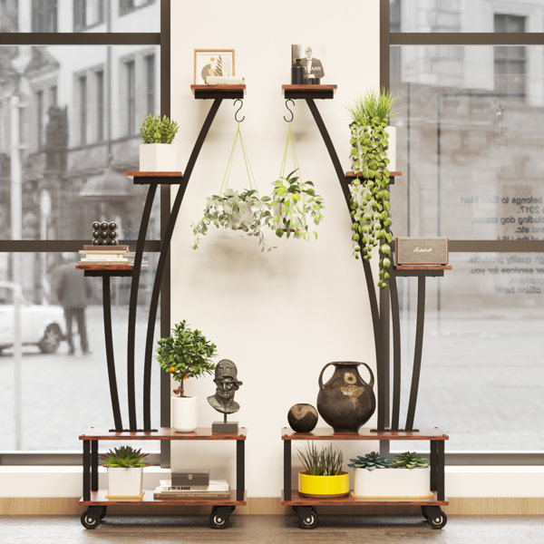 17 Stories 5-tiered Indoor Metal Curved Plant Stand With Hooks And ...
